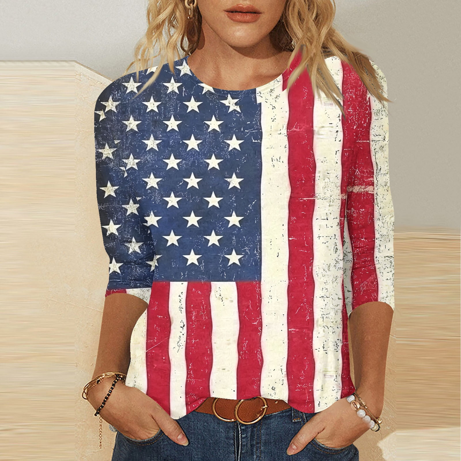 Qulqfy Independence Day Womens Tops American Flag National Pride Blue 3 ...