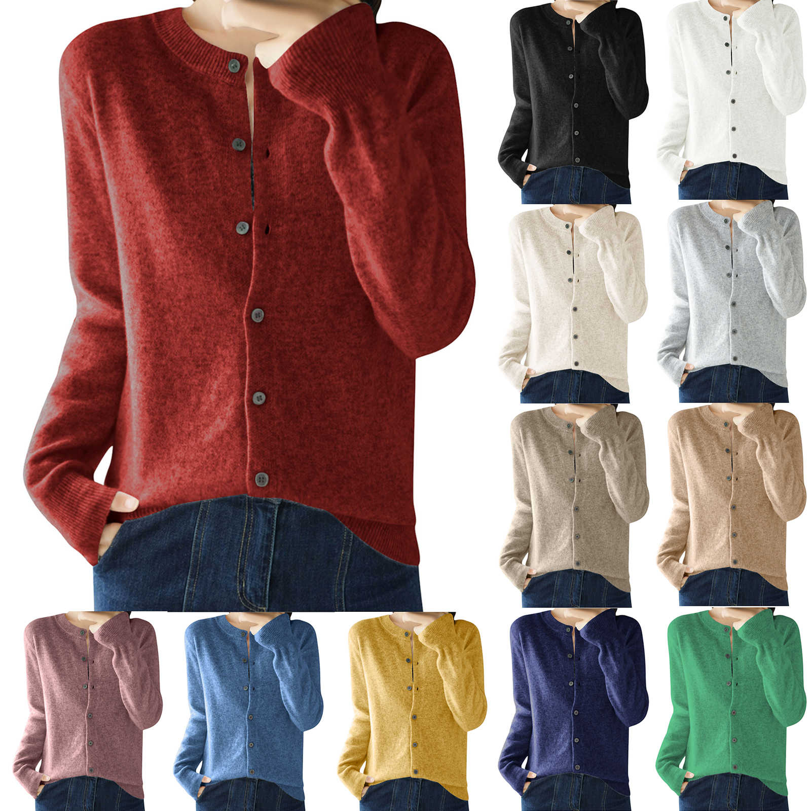 Qulqfy Knitting Cotton Cardigan Sweaters for Women Red Long Sleeve ...