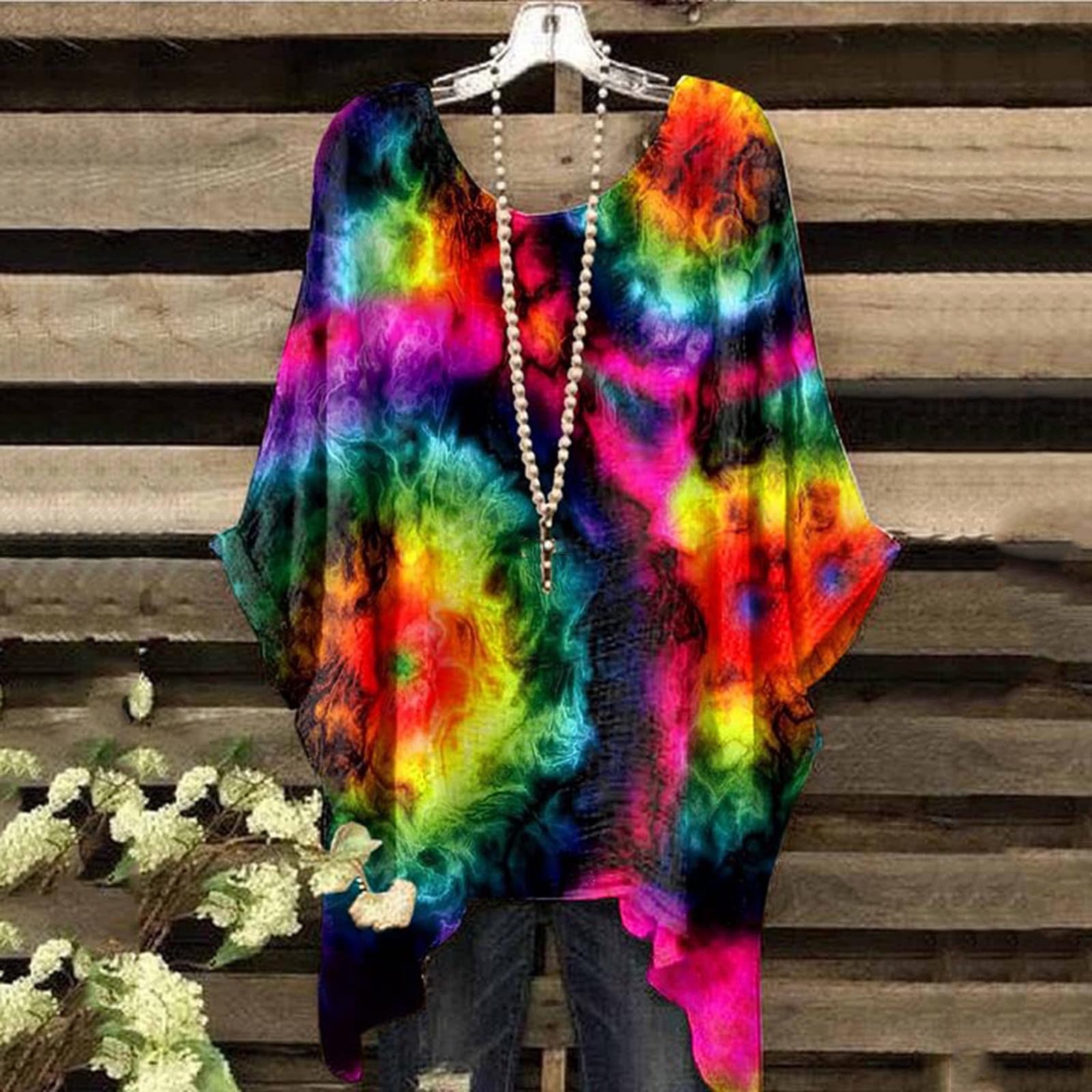 Qulqfy Ladies Tops Short Sleeve Shirring Hem Neon Crew Neck T-Shirt ...