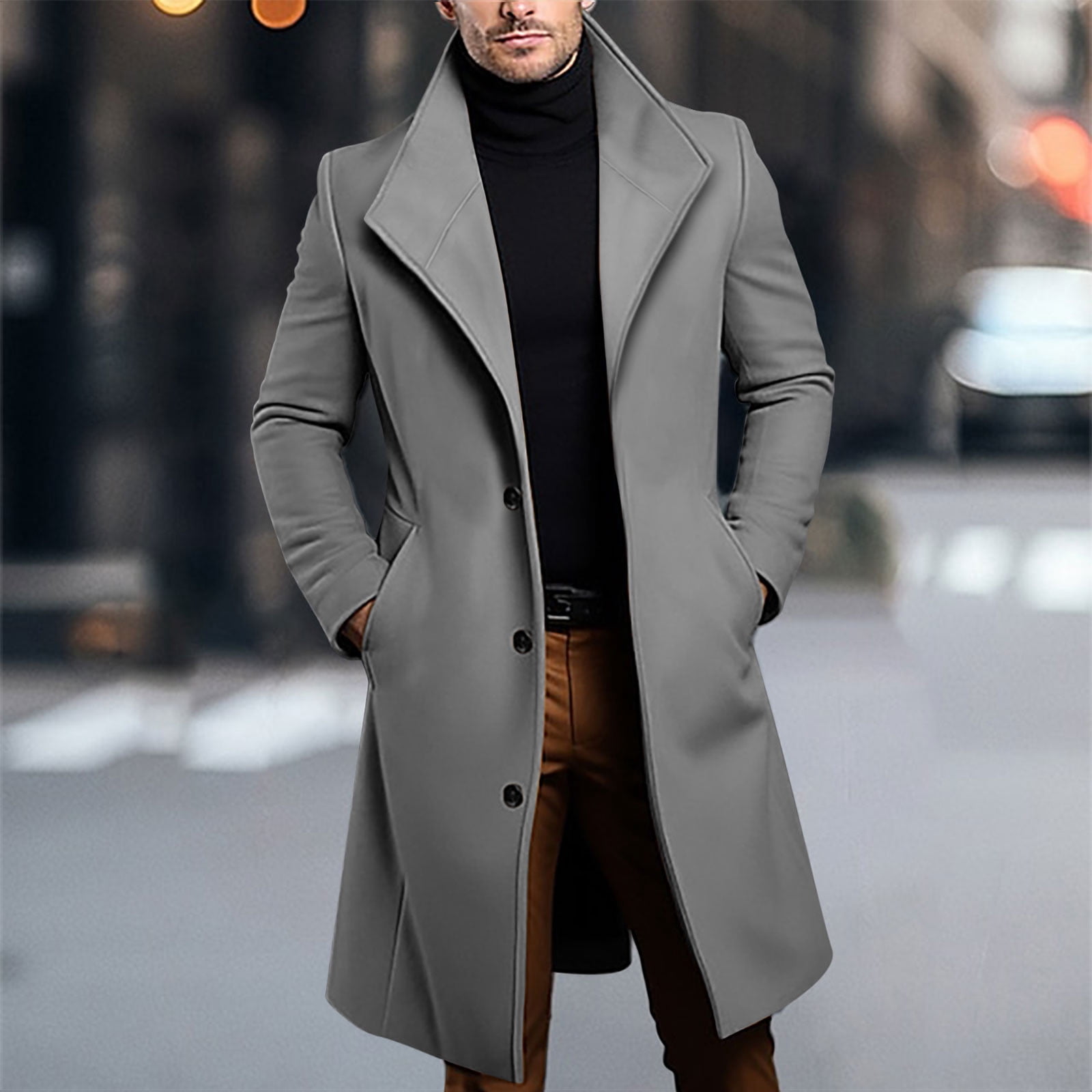 Qulqfy Long Coats for Men Gray Wool Blend Winter Single Breasted ...