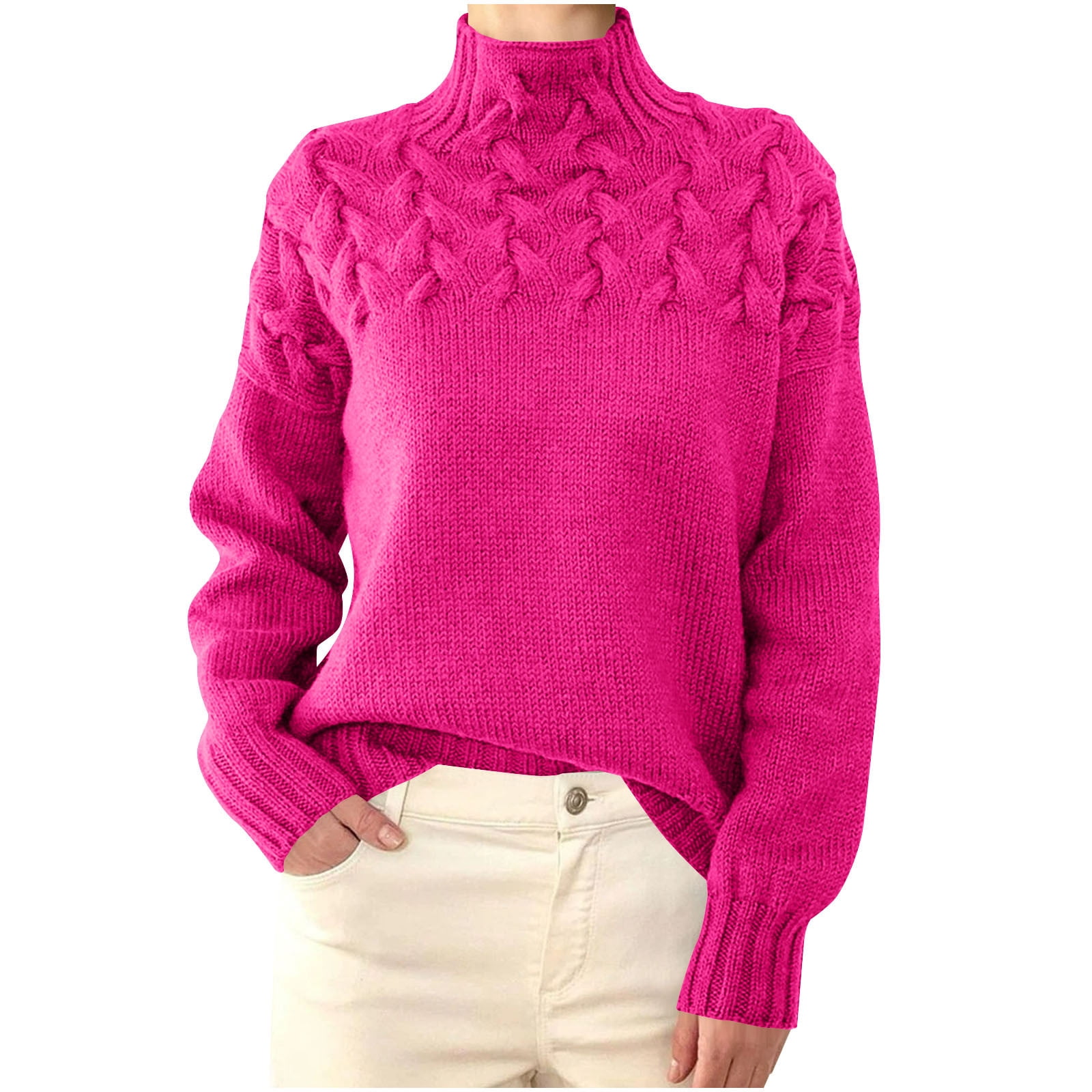 Qulqfy Long Sleeve Shirts for Women Cable Knit Turtleneck Plus Size ...