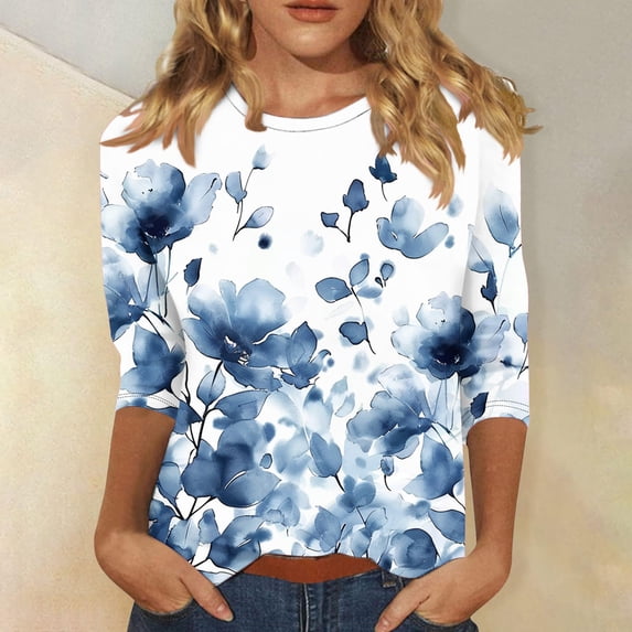 Qulqfy Loose-Fitting Womens T Shirts Tunic Causal 3/4 Length Sleeve ...