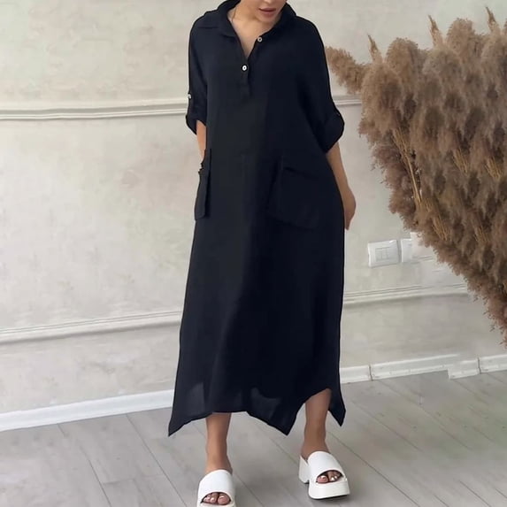 Qulqfy Solid Summer Dresses for Women 2026 Long Sleeve Maxi Cotton ...