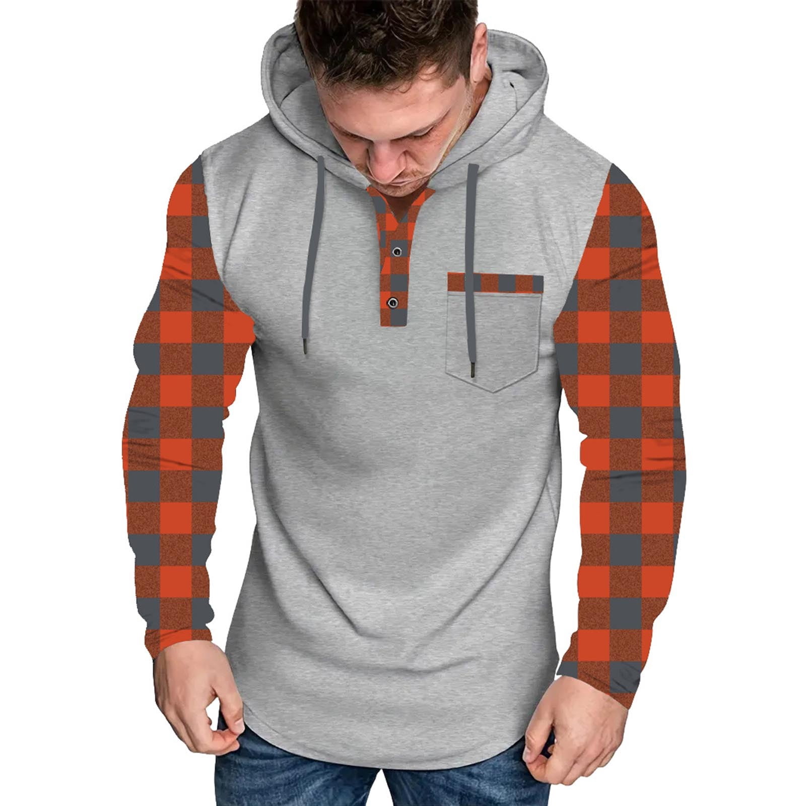 Qulqfy Men's Hoodies Pullover Plaid Orange Long Sleeve Casual Fall ...