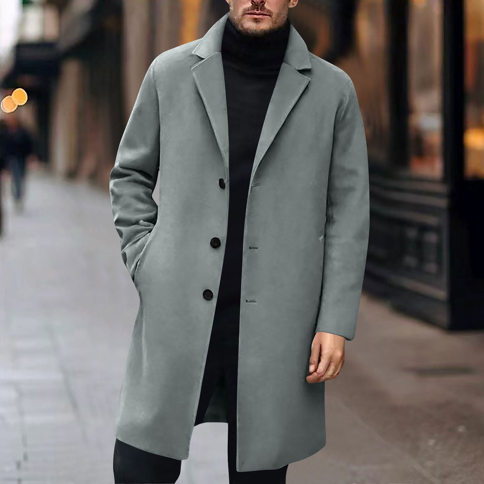 Qulqfy Mens Long Coats Wool Blend Winter Gray Single Breasted Business ...