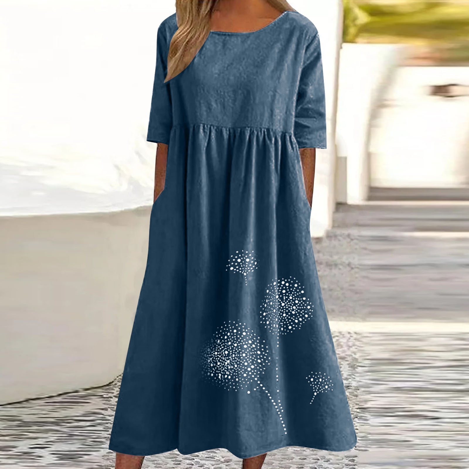 Qulqfy Midi Womens Summer Dresses Solid Cotton Linen Wedding Guest ...