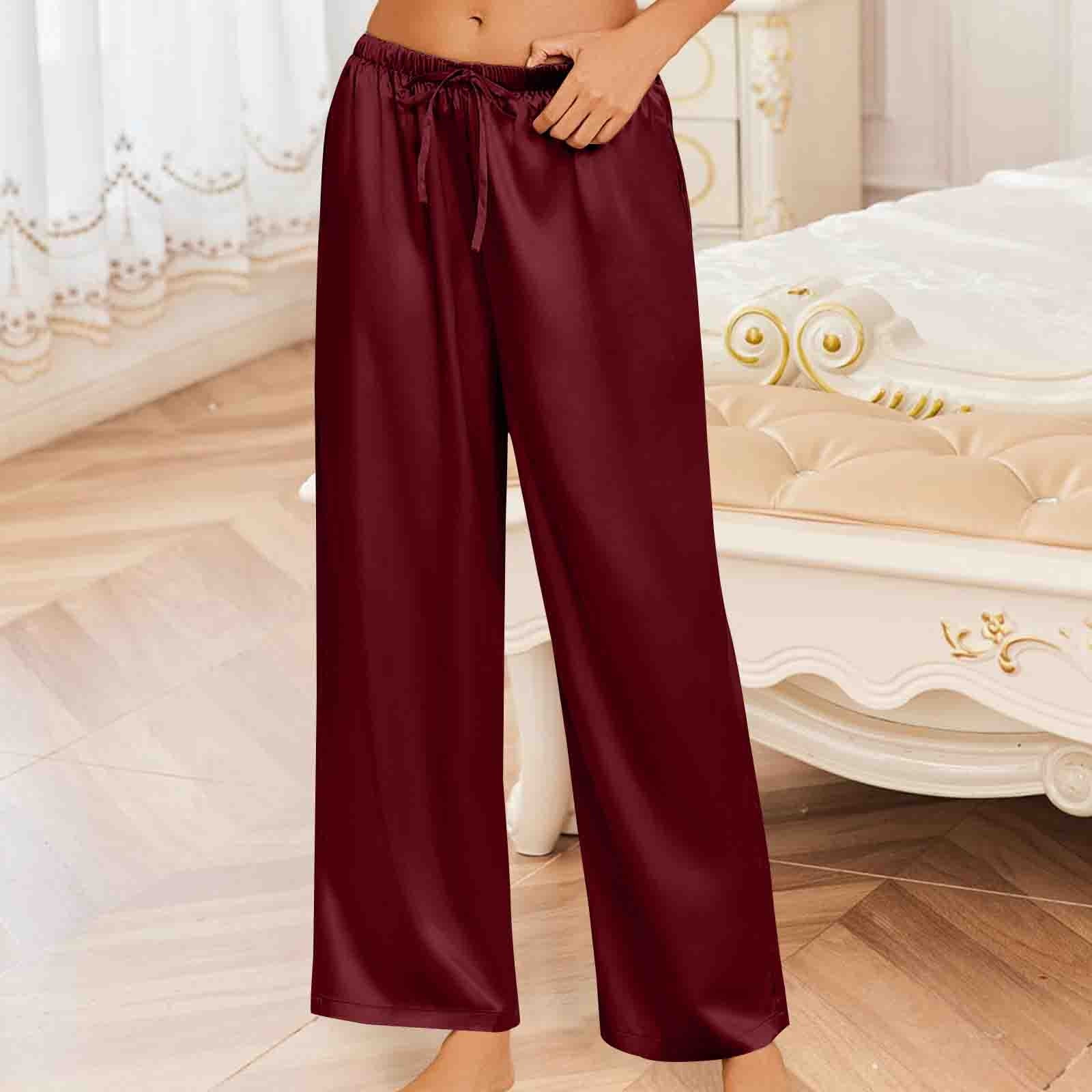 Qulqfy Pajama Womens Pants Clearance Plus Size Satin Red Wide Leg ...