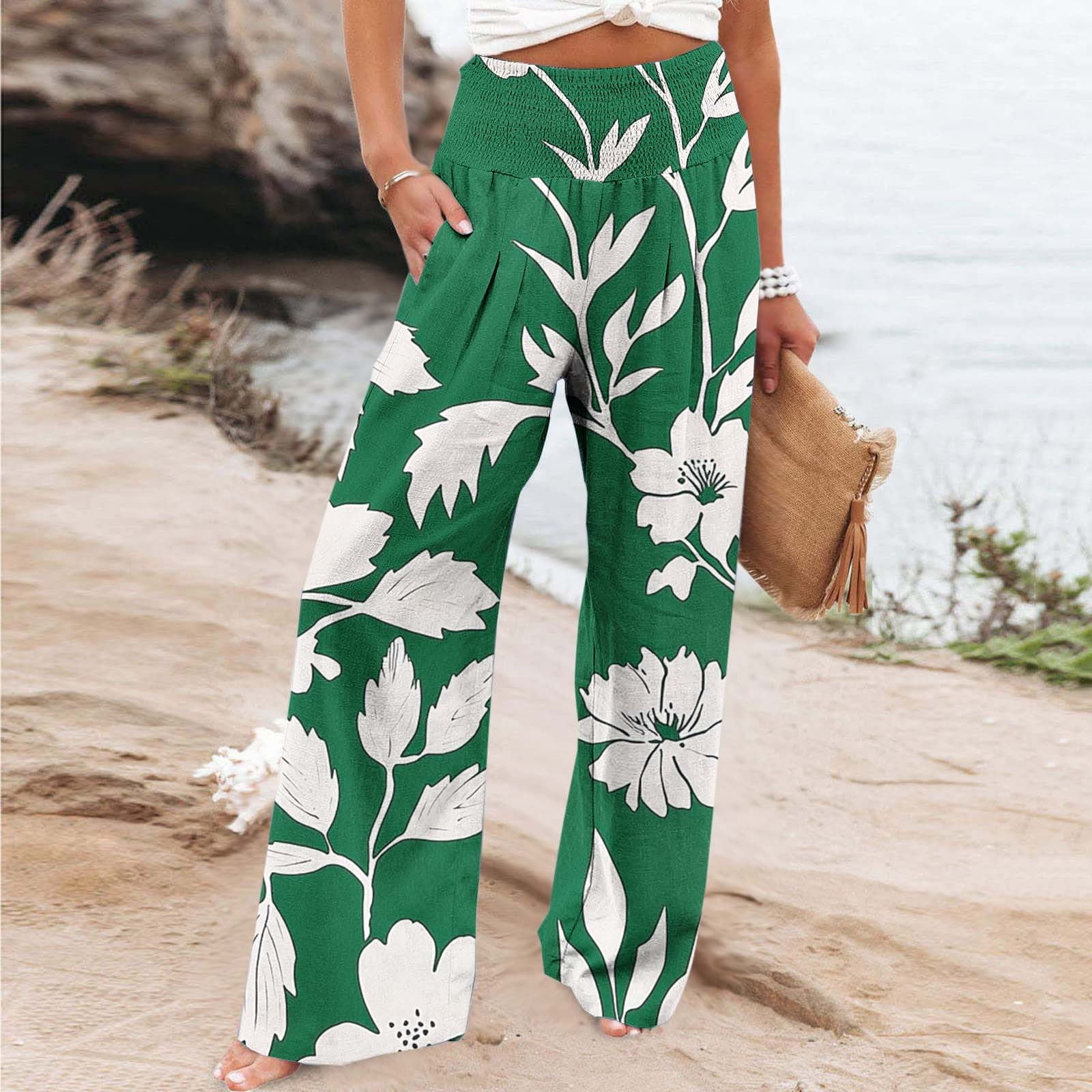 Qulqfy Palazzo Pants for Women Wide Leg Flowy Beach Casual High Waisted ...