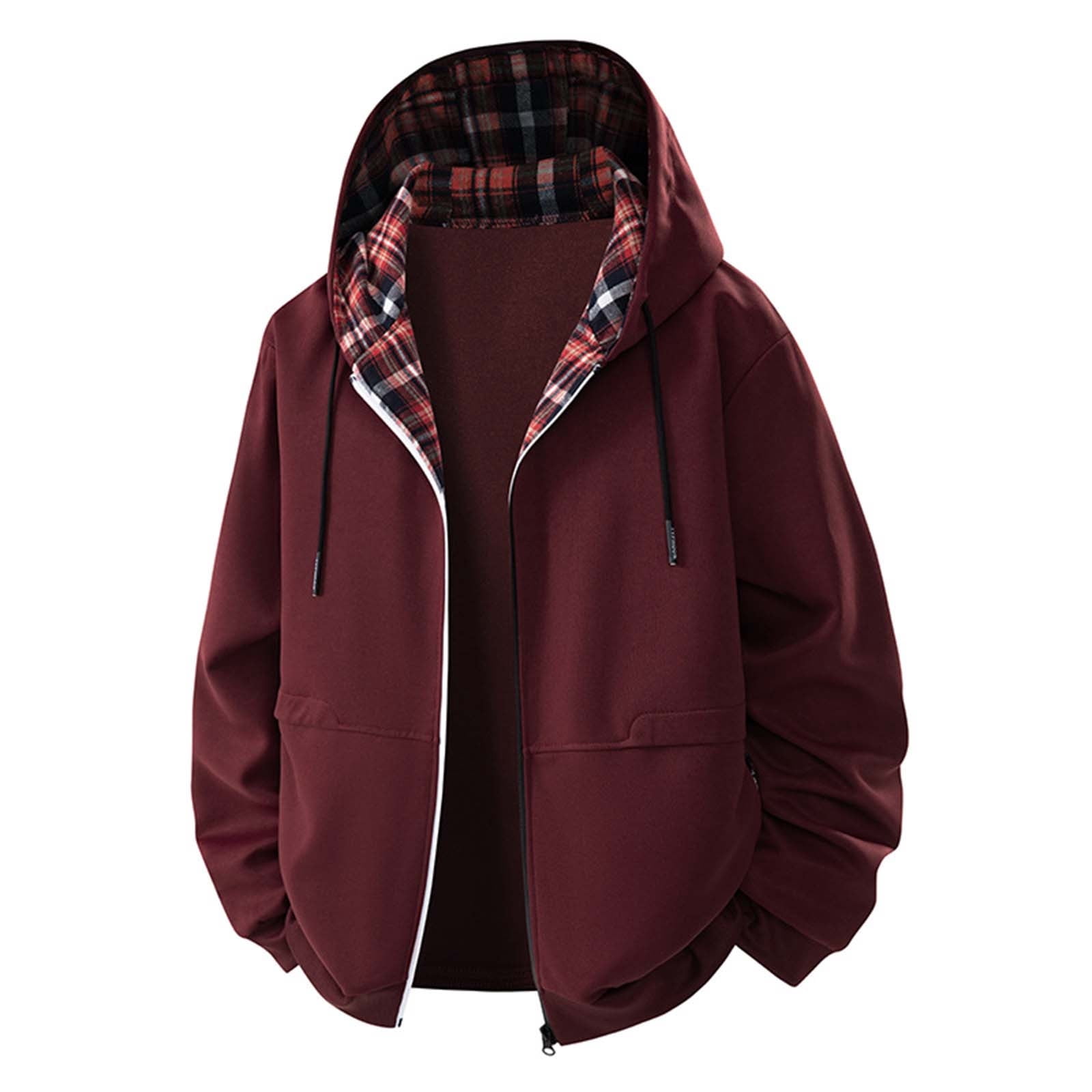 Qulqfy Plaid Men Hoodie Zip-Up Casual Red Hooded Winter Fall Streetwear ...