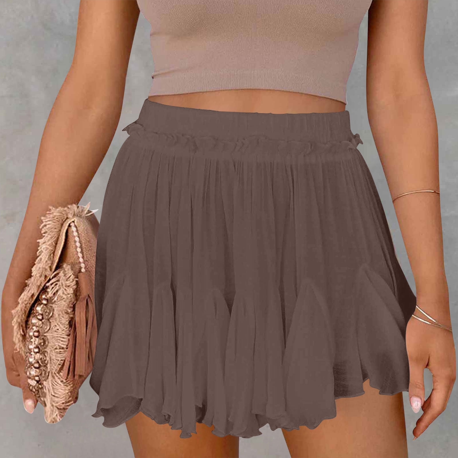 Qulqfy Pleated Womens Pants 2025 Ruffle Trendy Brown Solid Tummy ...