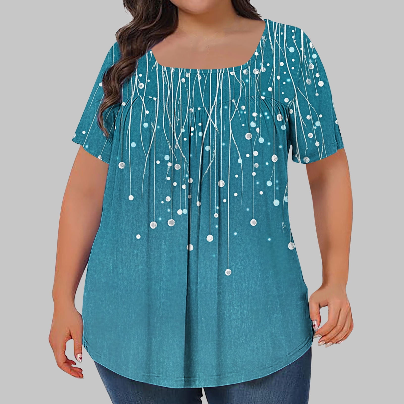 Qulqfy Plus Size Ladies Tops Short Sleeve Blue Blouses Smocked Floral ...