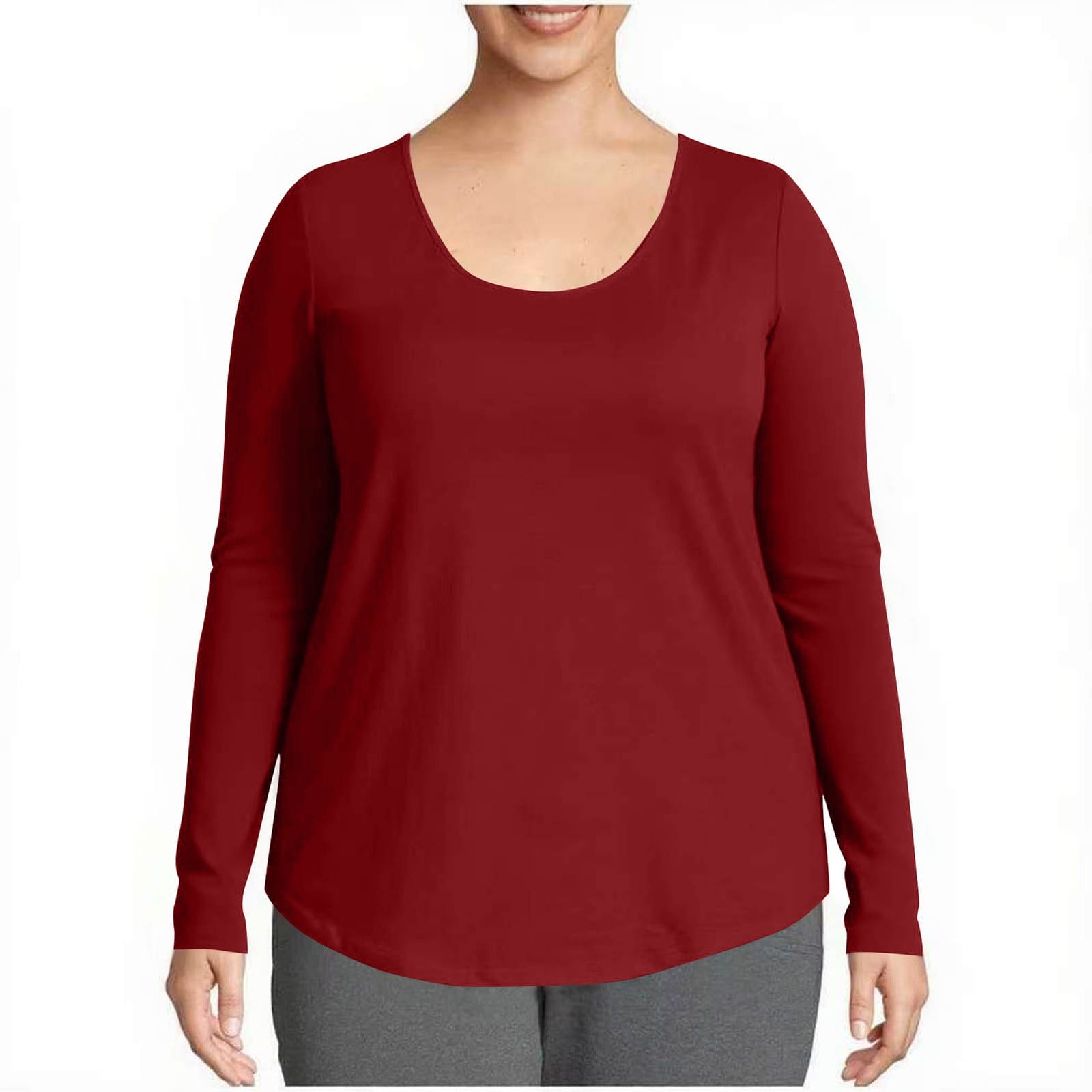 Qulqfy Plus Size Shirts Women Long Sleeve Scoop Neck Plain Shirts Red ...