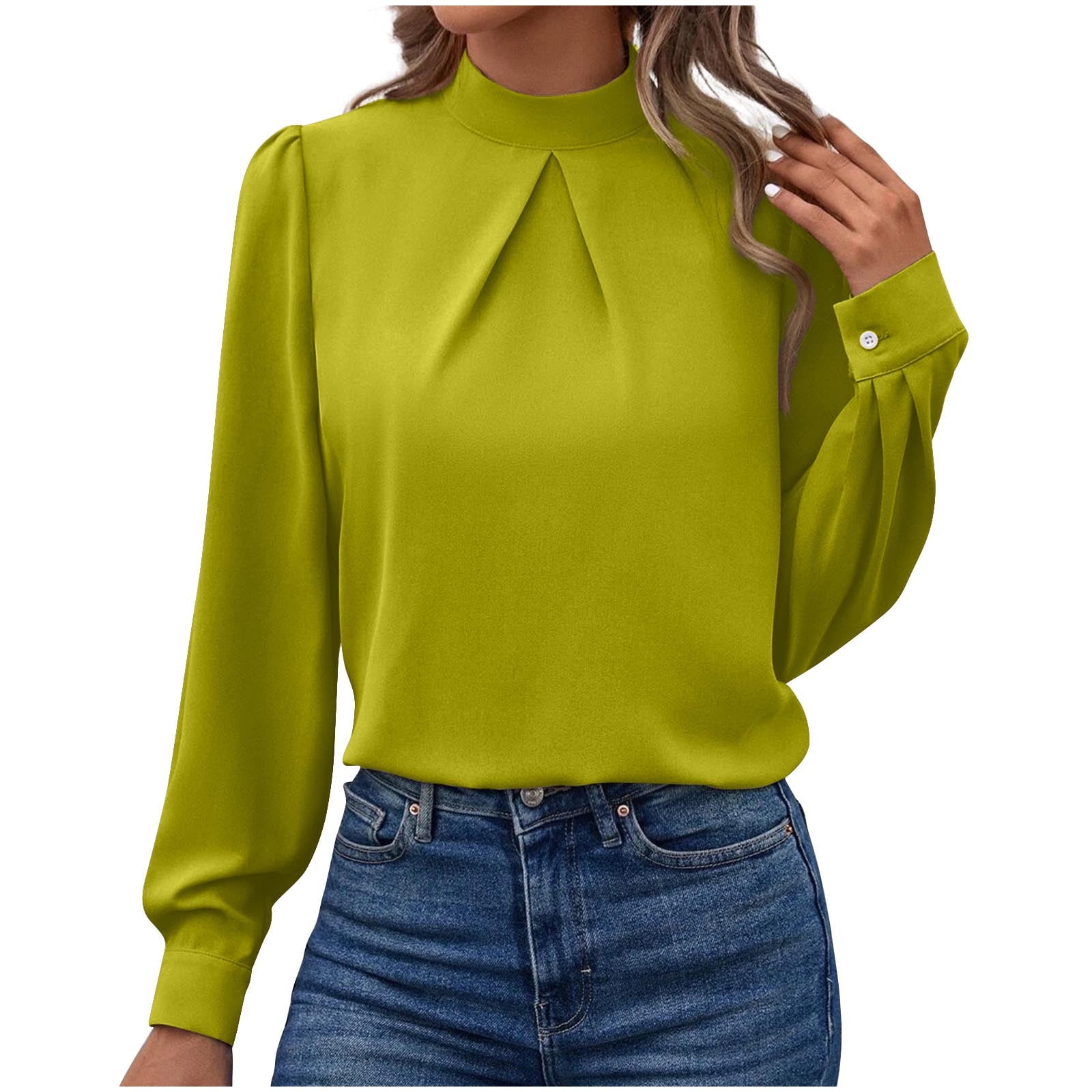 Qulqfy Satin Blouses for Women Trendy Mock Neck Silk Green Blouse Long ...