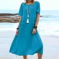 Qulqfy Short Sleeve Dresses for Women Solid Cotton Linen Plus Size Midi ...