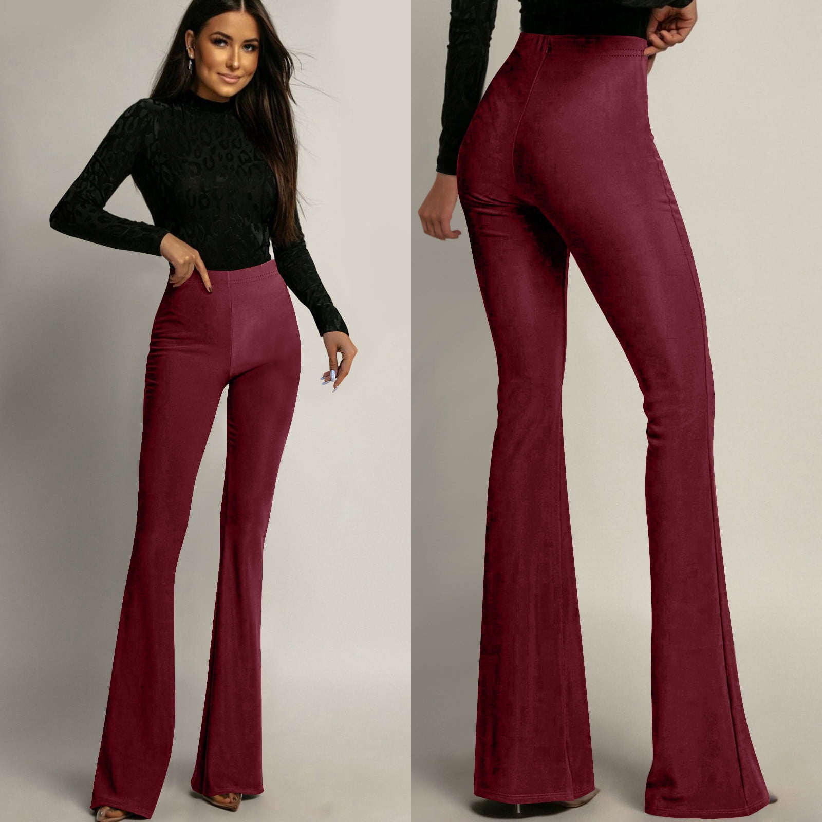 Qulqfy Slim Pants Women Flare Fashion High Waist Pants Plain Red Casual ...