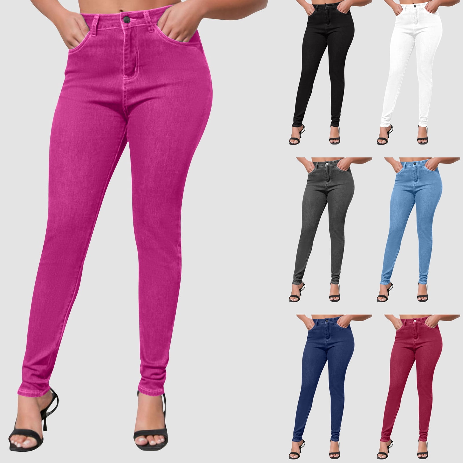Qulqfy Stretchy Women Jeans Summer Petite Skinny Pink Denim High ...