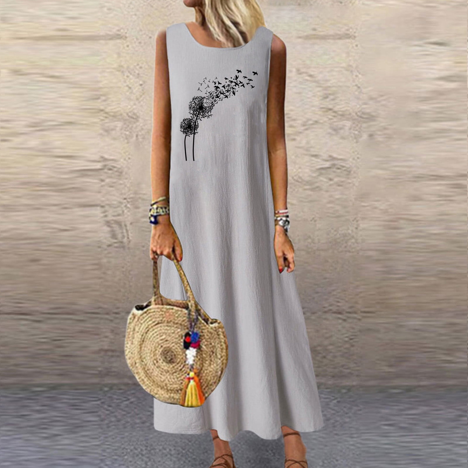 Qulqfy Summer Dresses for Women 2026 Floral Print Midi Cotton Linen ...