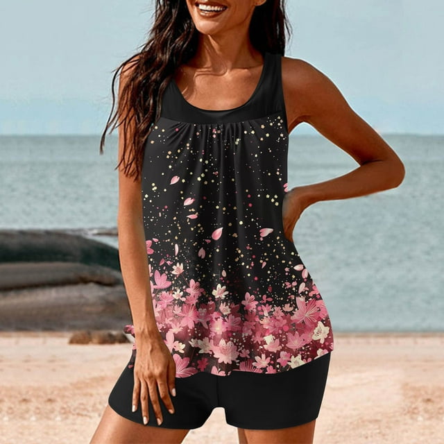 Qulqfy Tankinis Bathing Suit Women Modest Floral Smocked High Cut Board ...