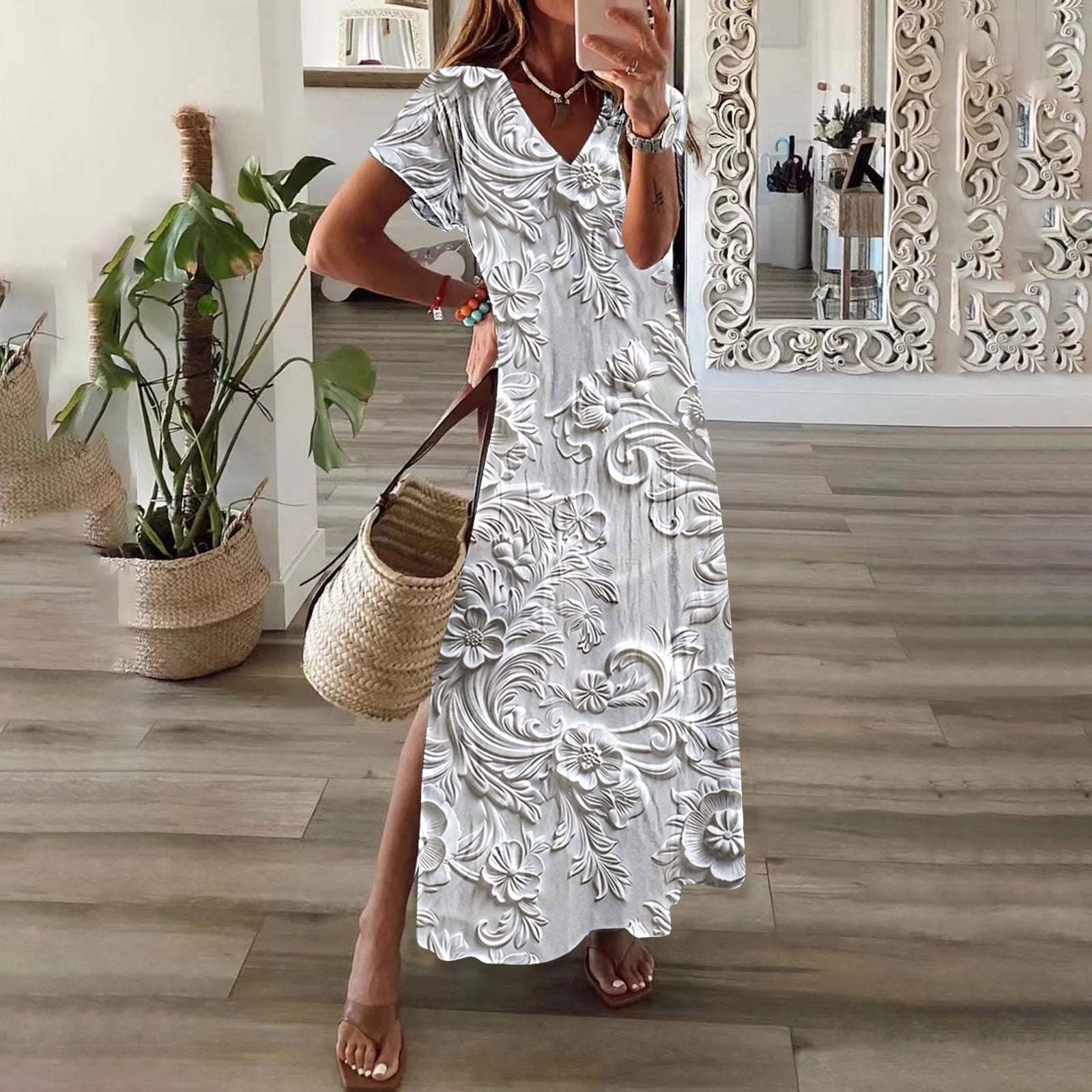 Qulqfy Tea Party Dress Spring Dresses Maxi White Plus Size V Neck ...