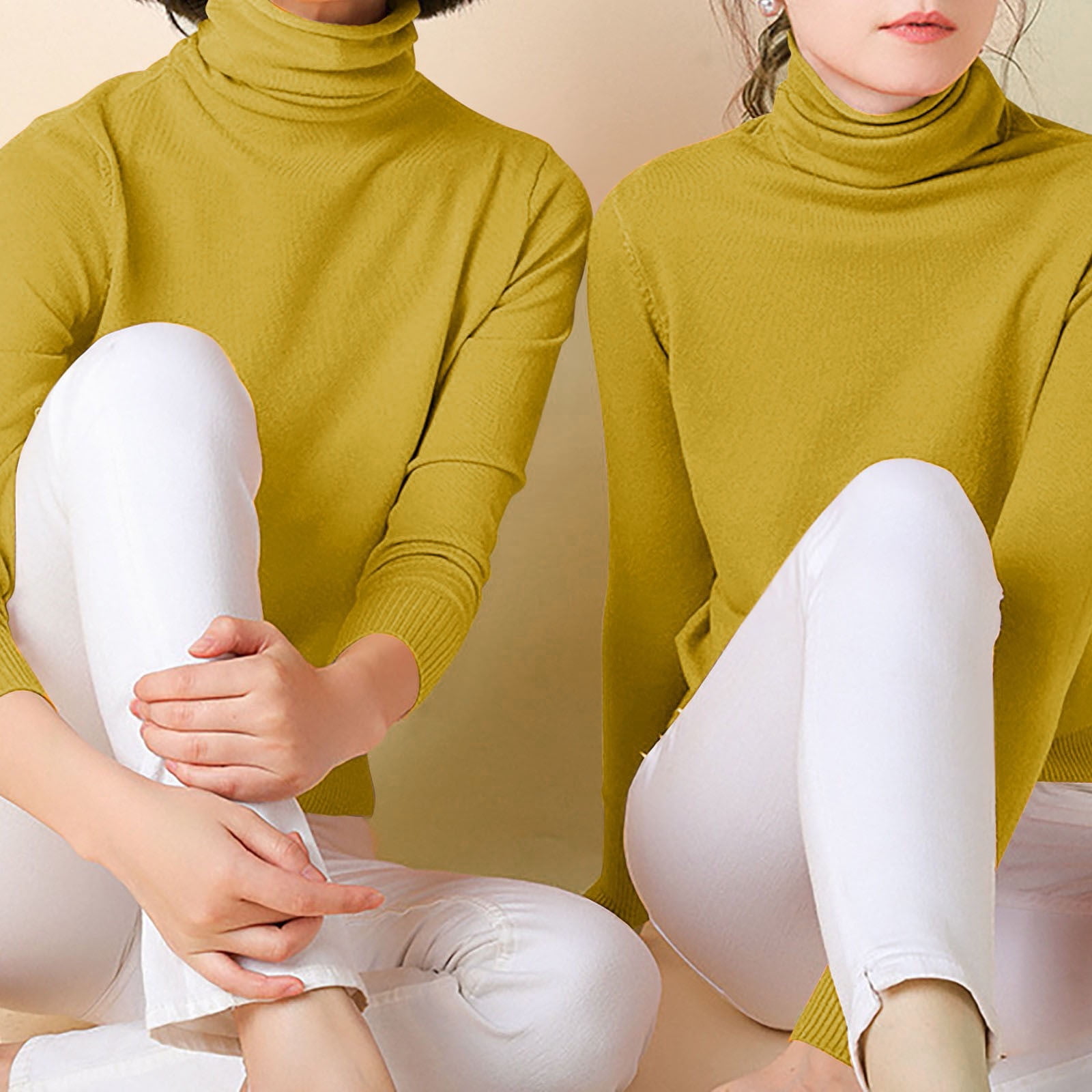 Qulqfy Turtleneck Tops Women Knitting Cotton Long Sleeve Fall Yellow ...