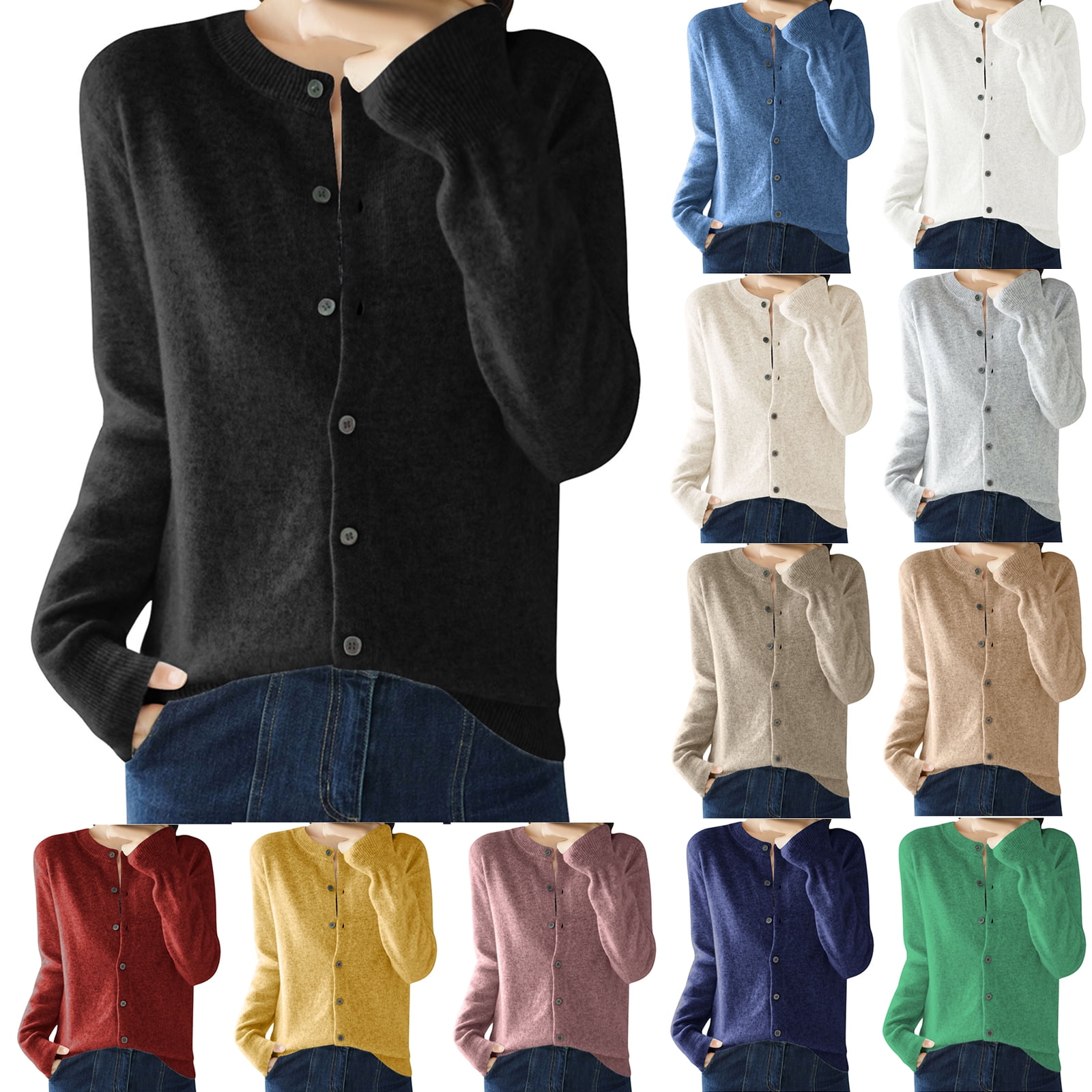 Qulqfy Women Knitting Cotton Cardigan Sweaters Black Petite Long Sleeve ...