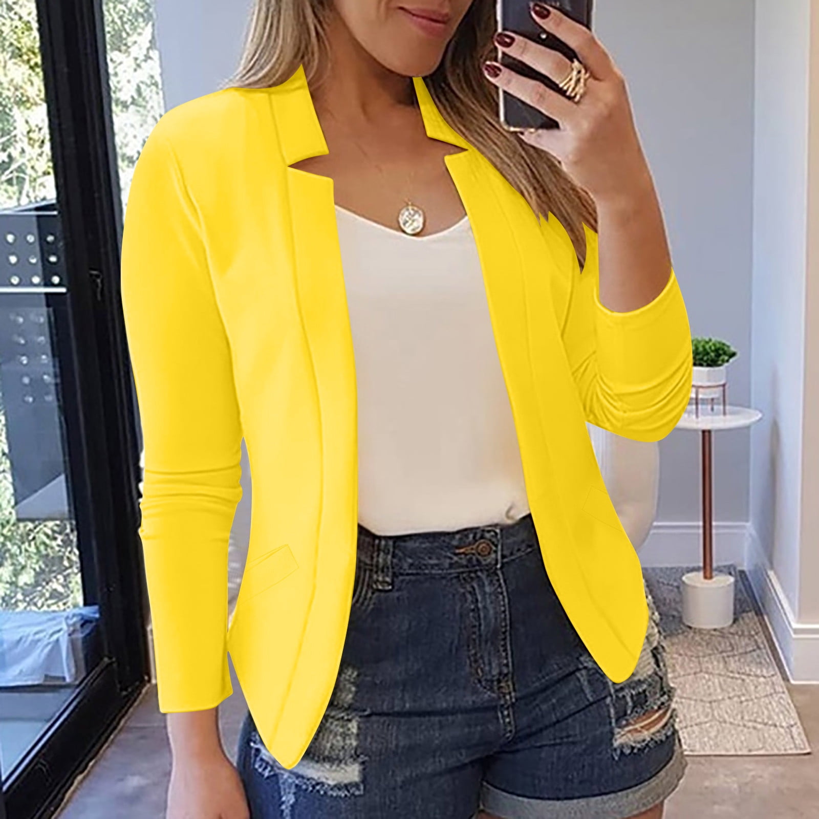 Qulqfy Women Open Front Jackets Office Yellow Long Sleeve Lightweight ...