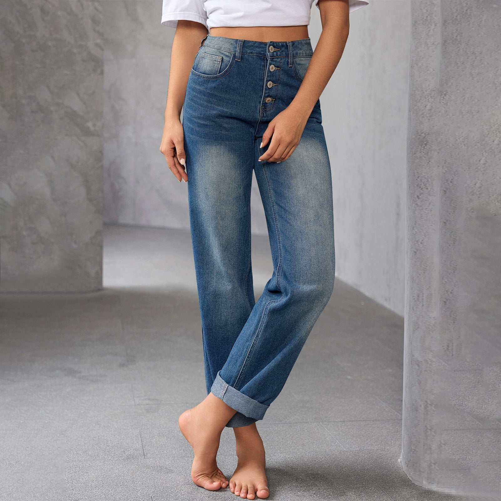 Qulqfy Women Wide Leg Jeans Fall High Waist Cuffed Jeans Ankle Denim ...