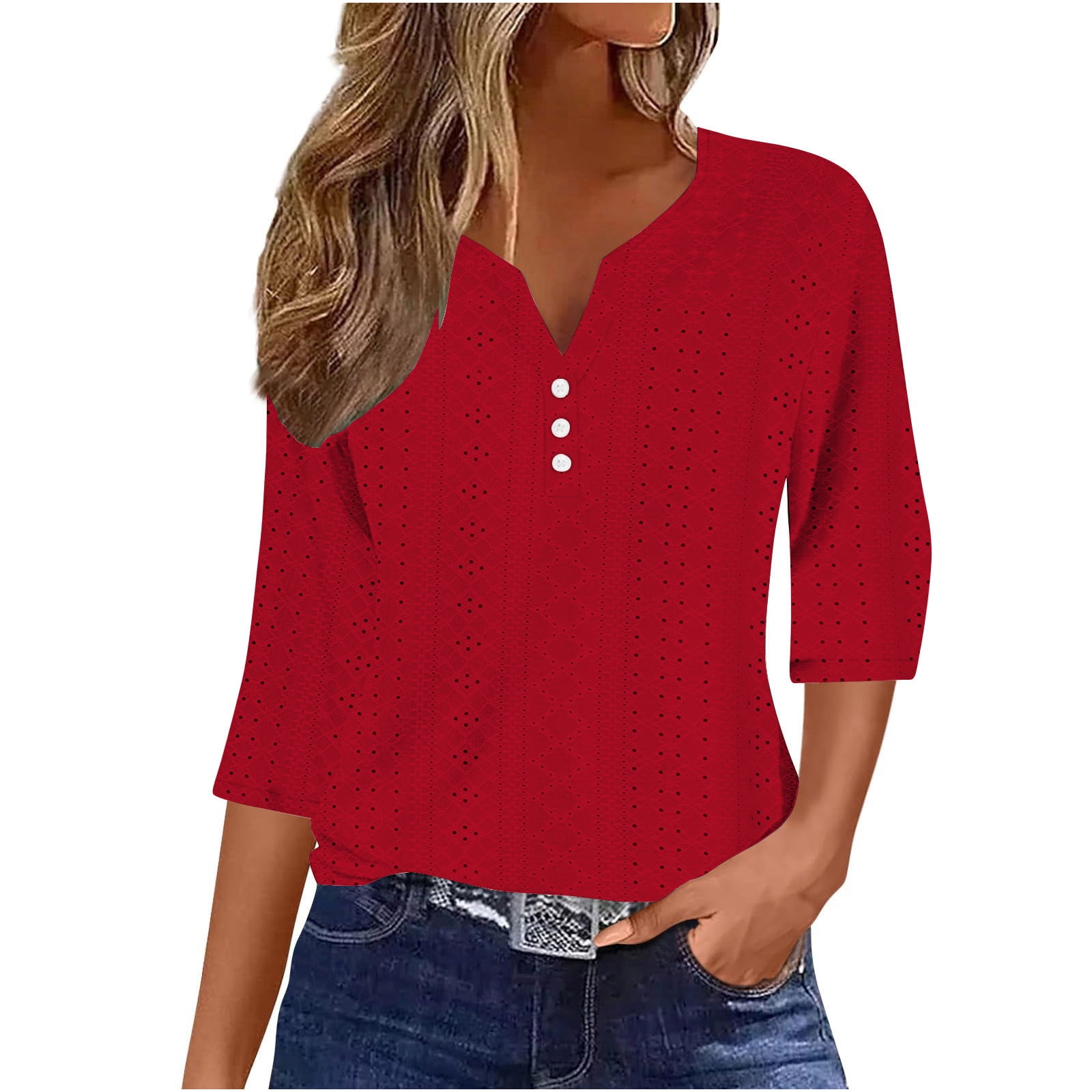 Qulqfy Women's 3/4 Sleeve Blouses Eyelet Cutout V Neck Blouses Plain ...