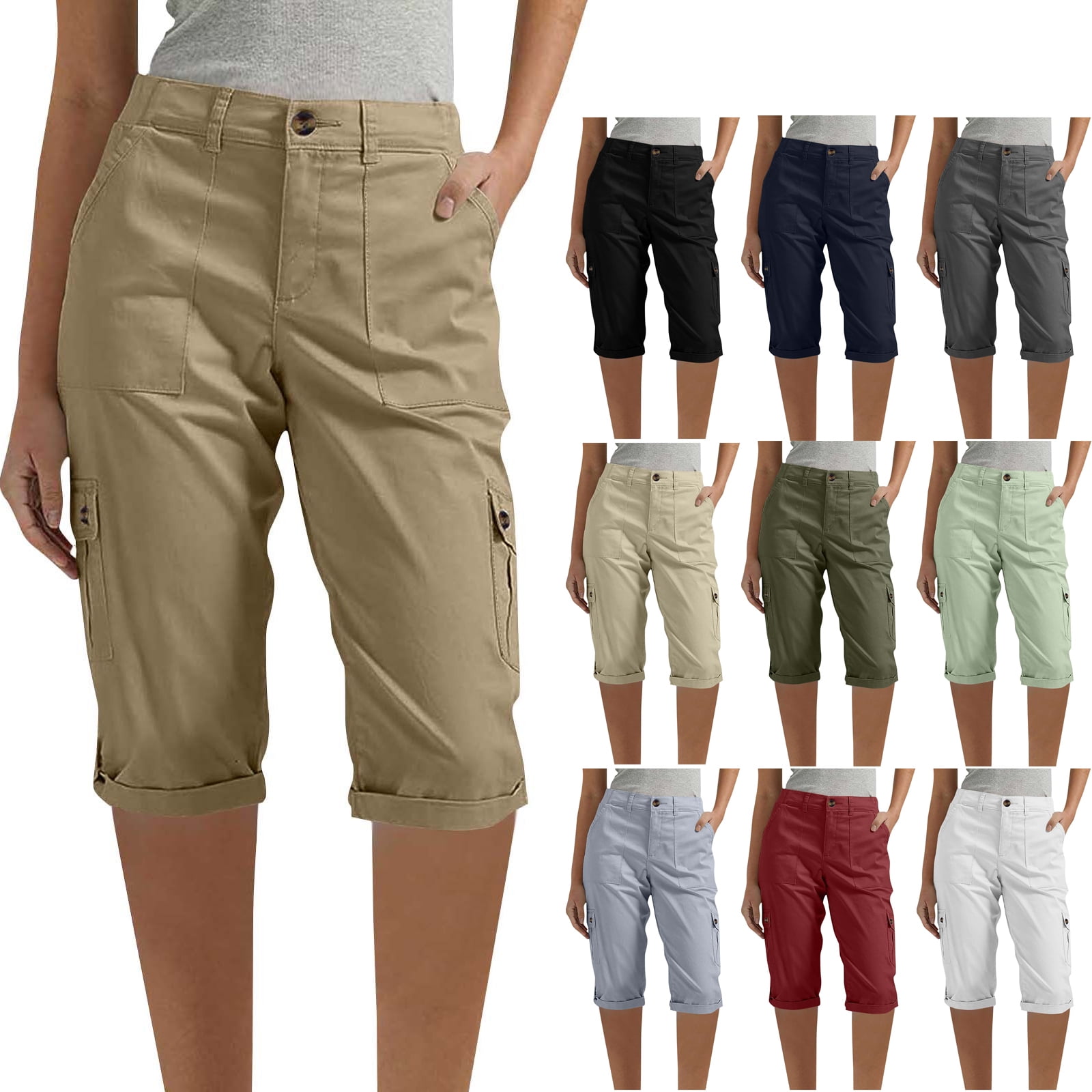 Qulqfy Women's Cargo Capris Casual Chino Yellow Travel Loose Fit Hiking ...