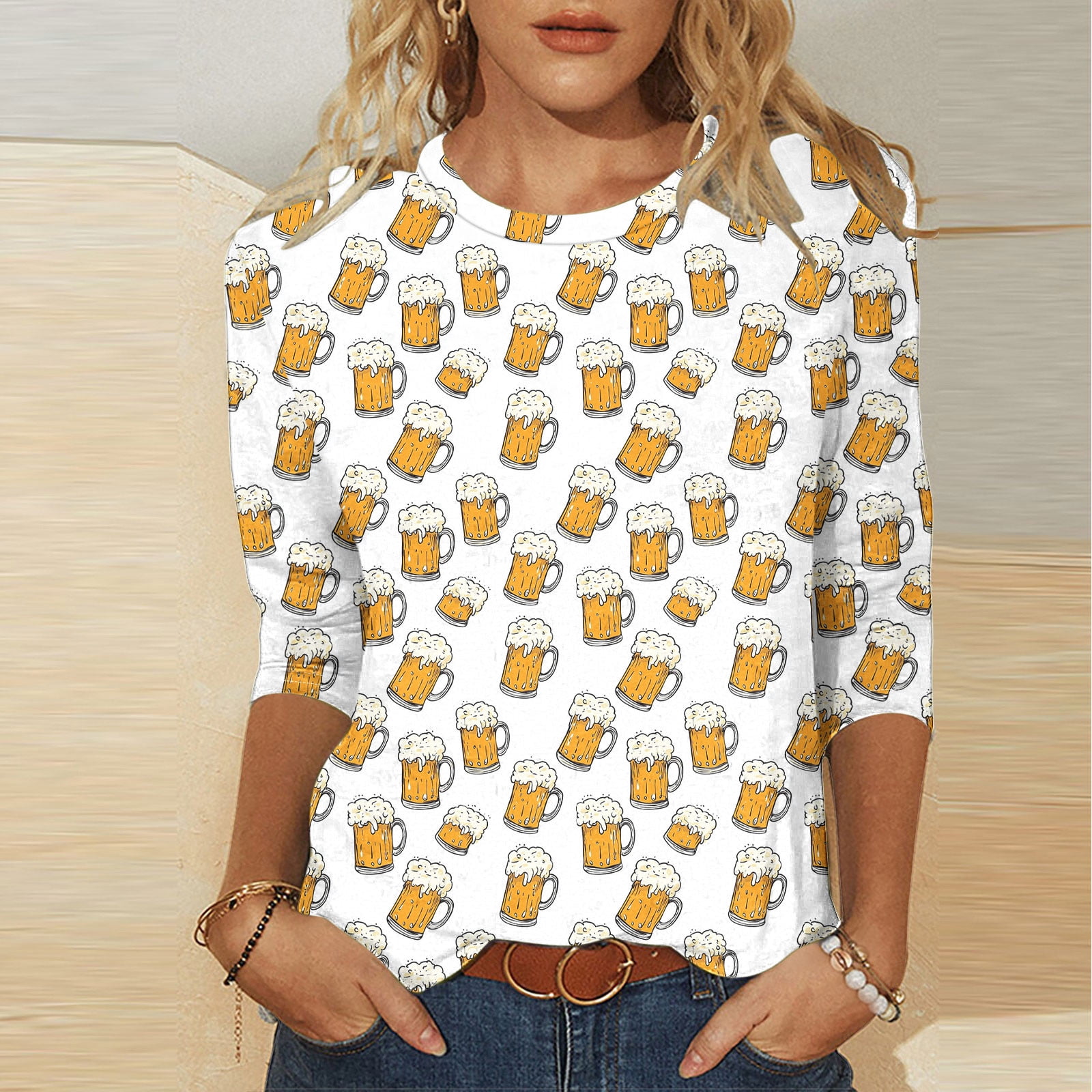 Qulqfy Women's Oktoberfest Blouses 3/4 Sleeve Beer Print Graphic ...