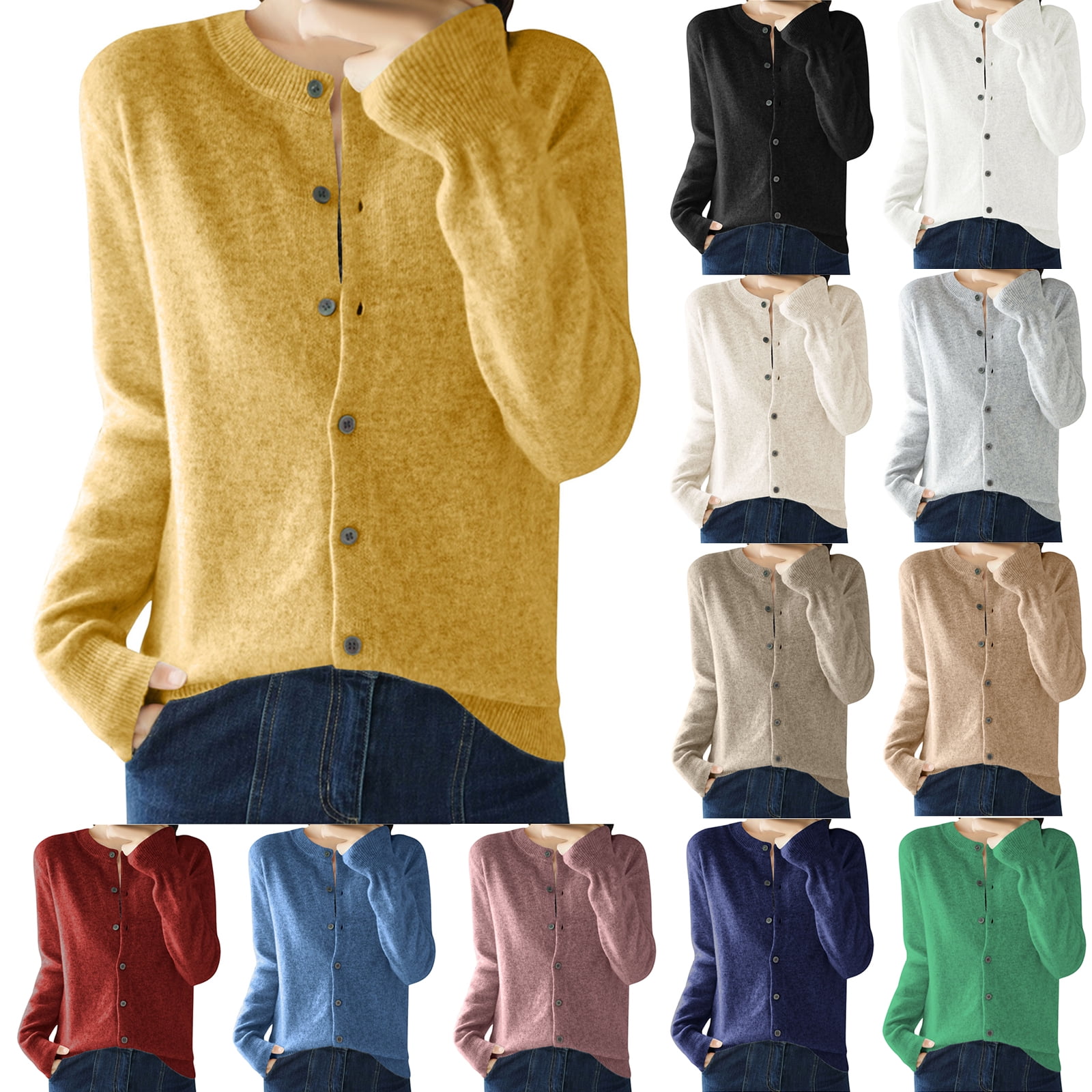 Qulqfy Womens Knitting Cotton Cardigan Sweaters Yellow Petite Button Up ...