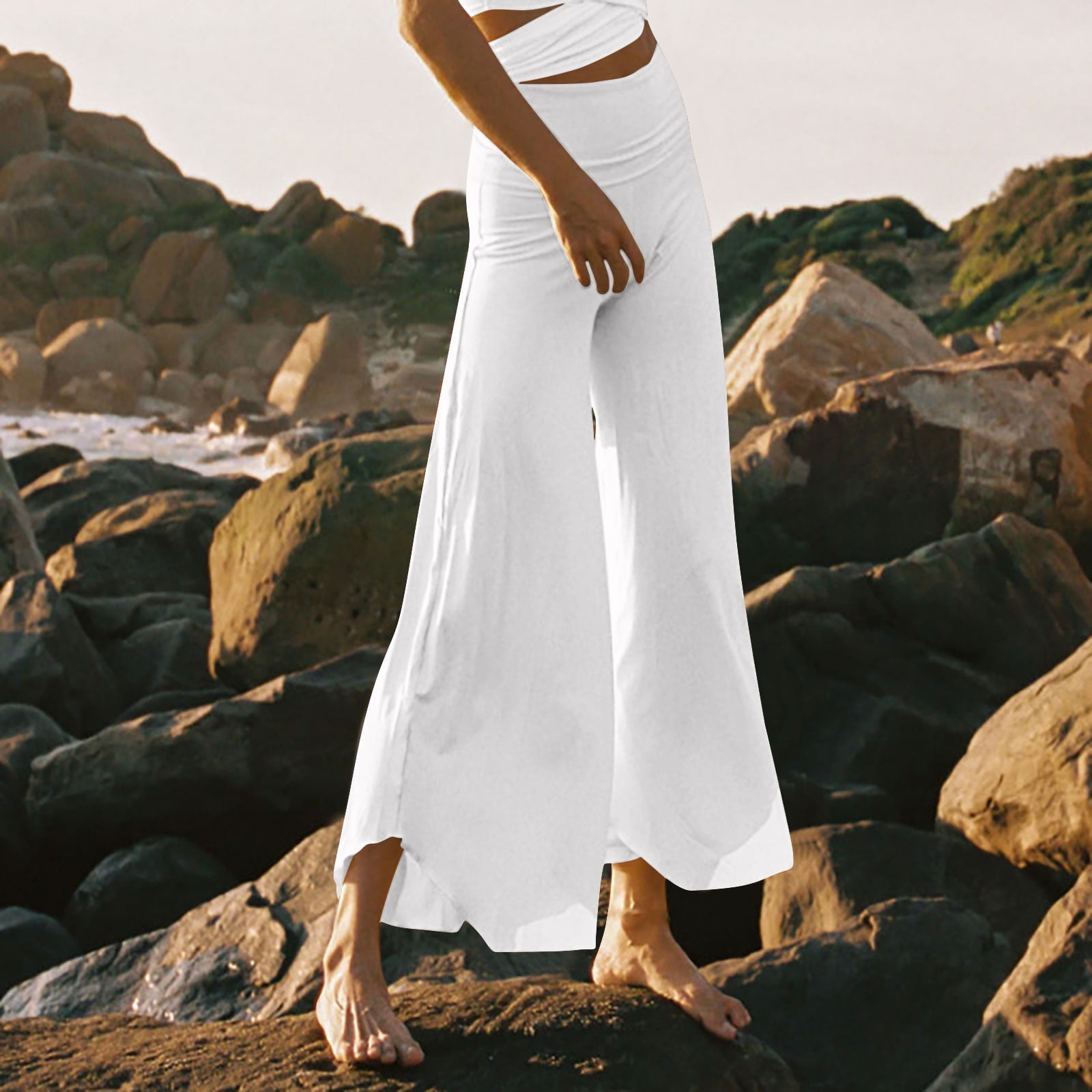 Qulqfy Womens Palazzo Pants Casual Flowy Wide Leg Baggy White Ankle ...