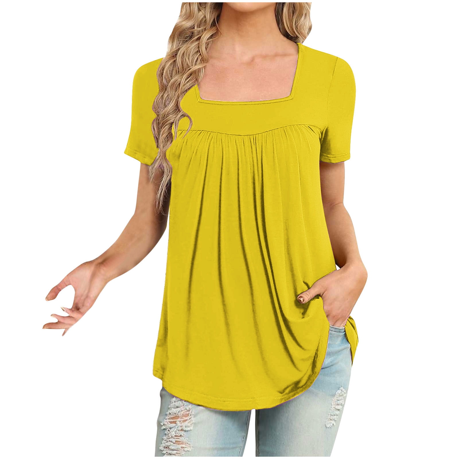 Qulqfy Yellow Womens Tops Lightweight Short Sleeve Plus Size Smocked ...