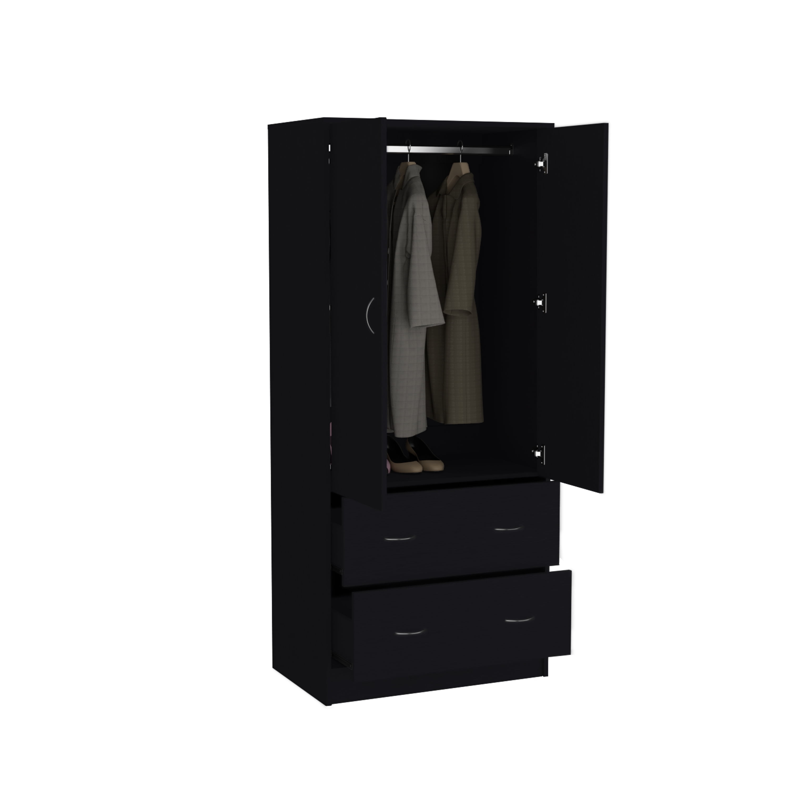 Qumbnk 2 Doors Clothes Storage Cabinet with 2 Drawers and Rod, Wood ...