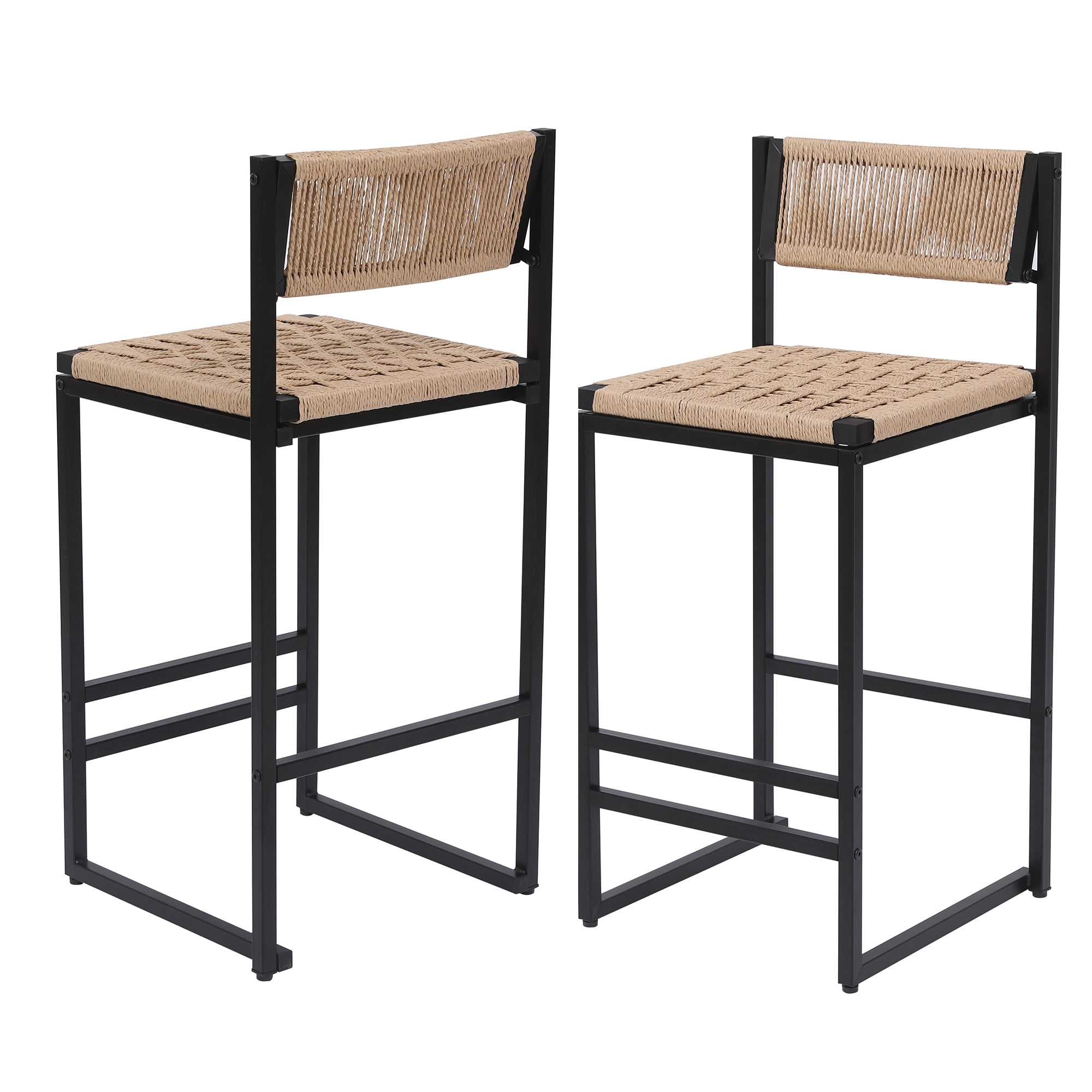 Qumbnk 2 Pack Paper Rope Weave Bar Stools Bar Chair with Footrest and ...