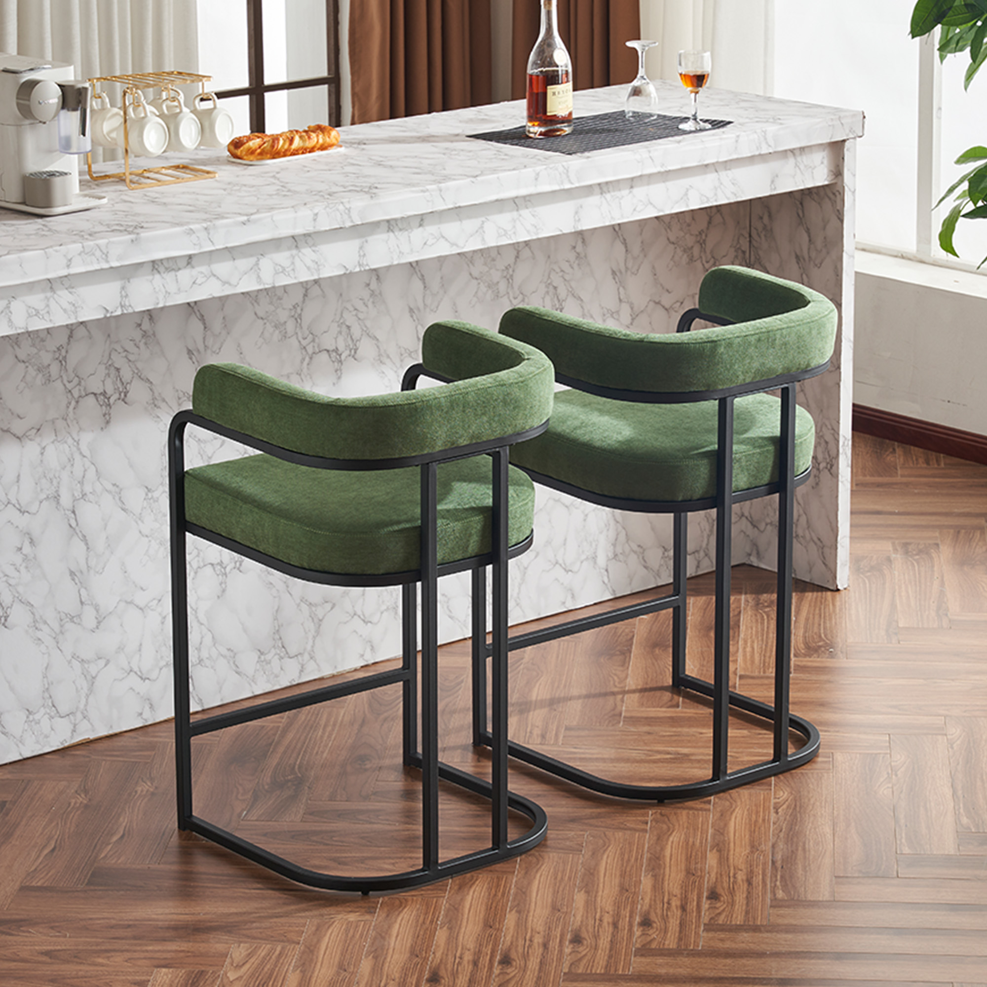 Qumbnk 2 Pcs Counter Height Bar Chair with Metal Frame & Armrests ...