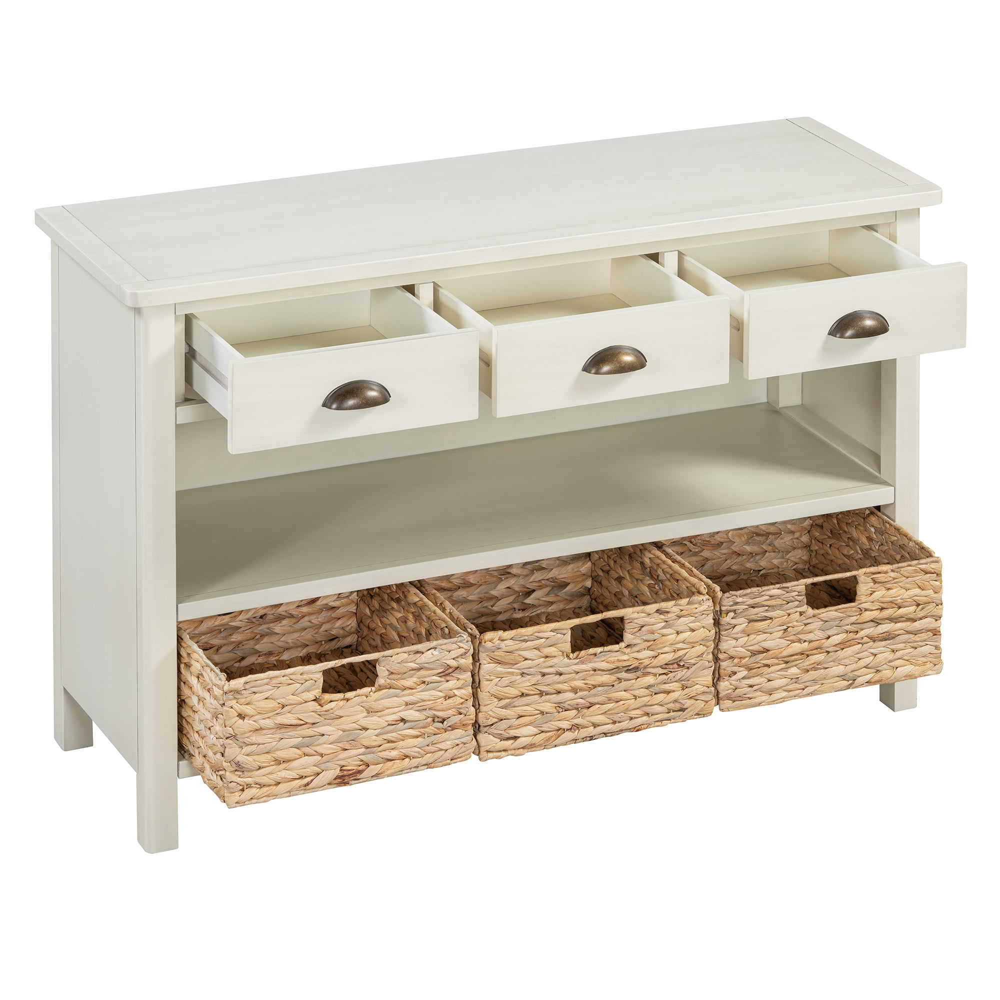 Qumbnk 3 Drawers Sofa Table with 3 Baskets, Wood Console Table for ...