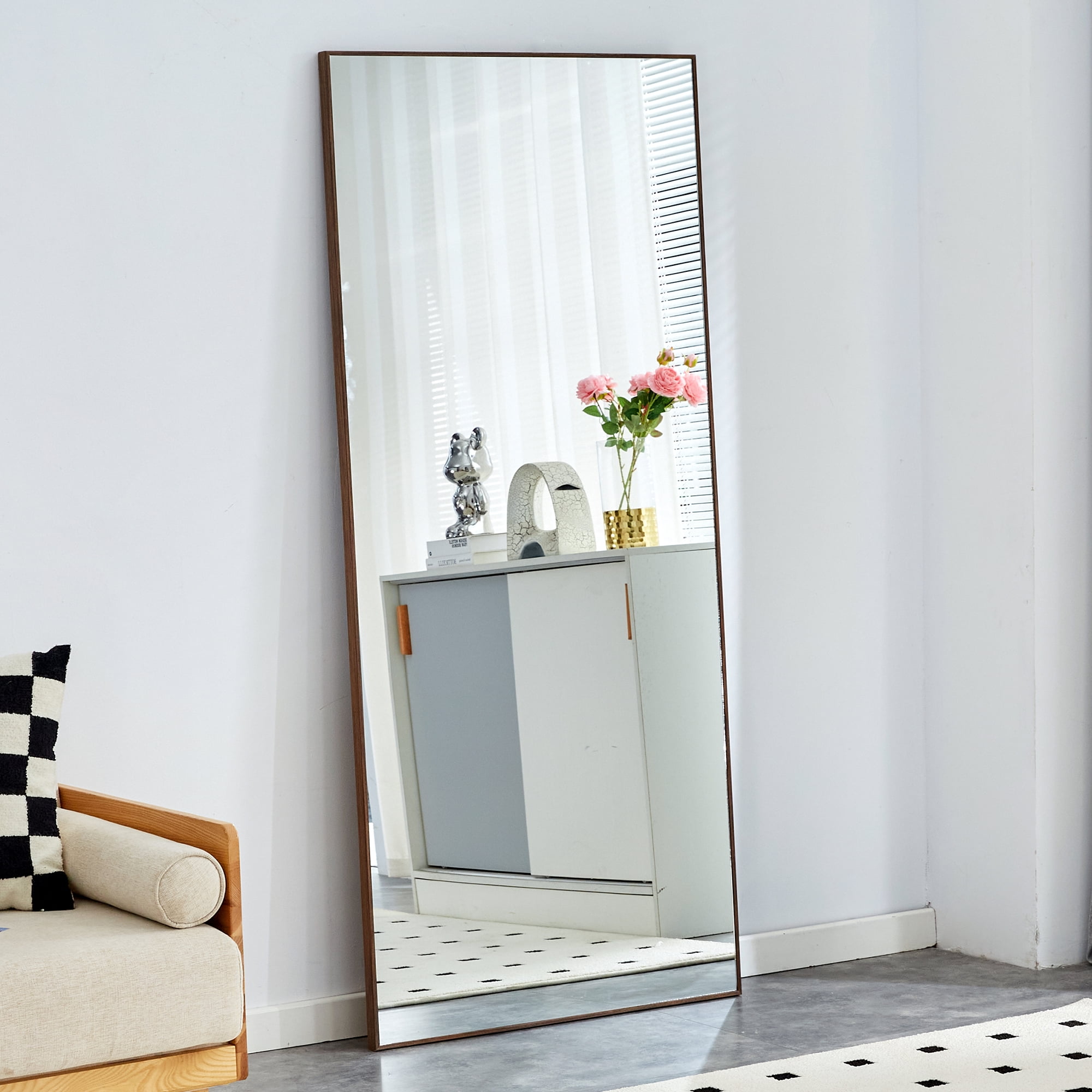 Qumbnk Beige Solid Wood Frame Long Dressing Mirror, Wall Mounted Mirror ...