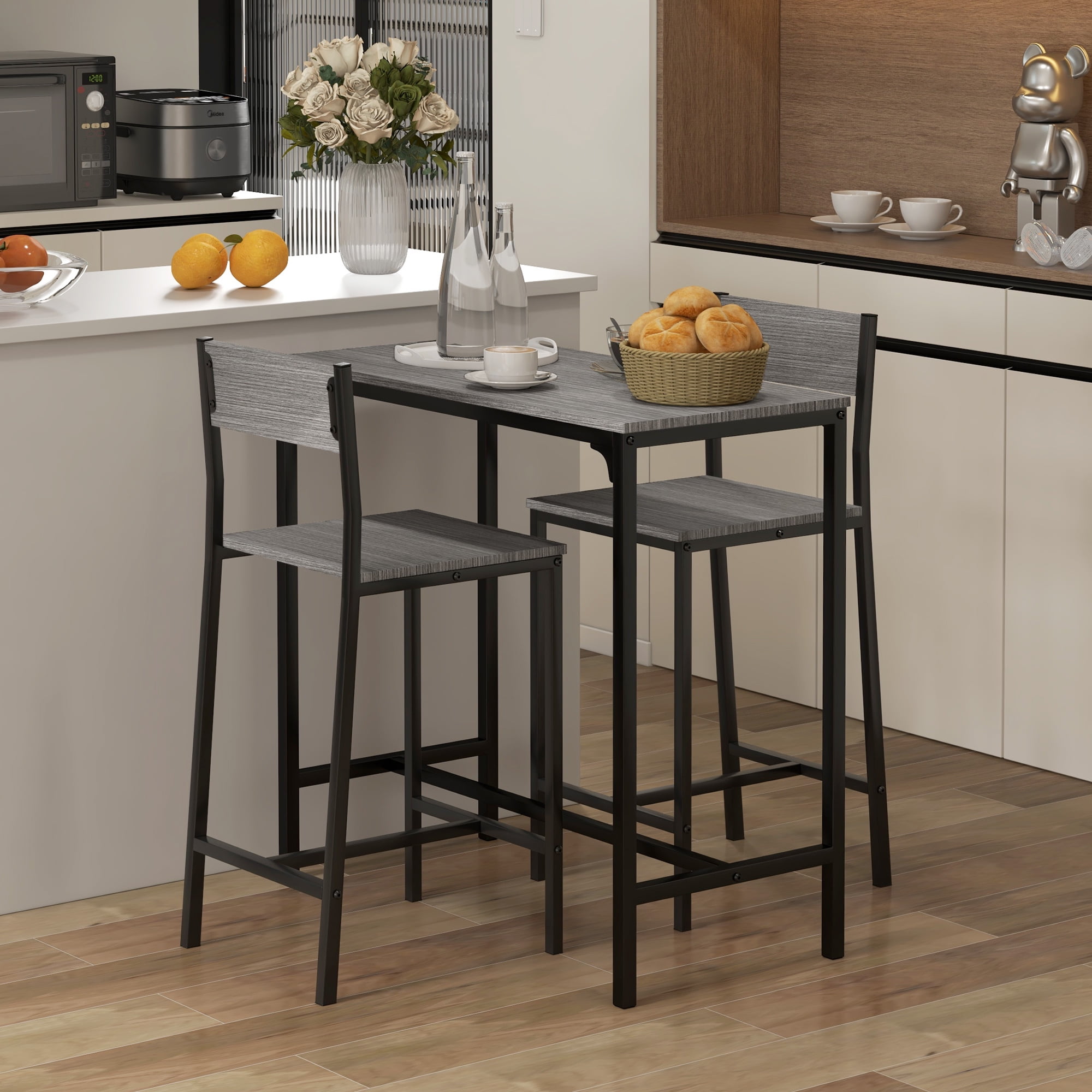 Qumbnk Industrial Style Bar Table with 2 Pack Bar Stools, Rectangle ...