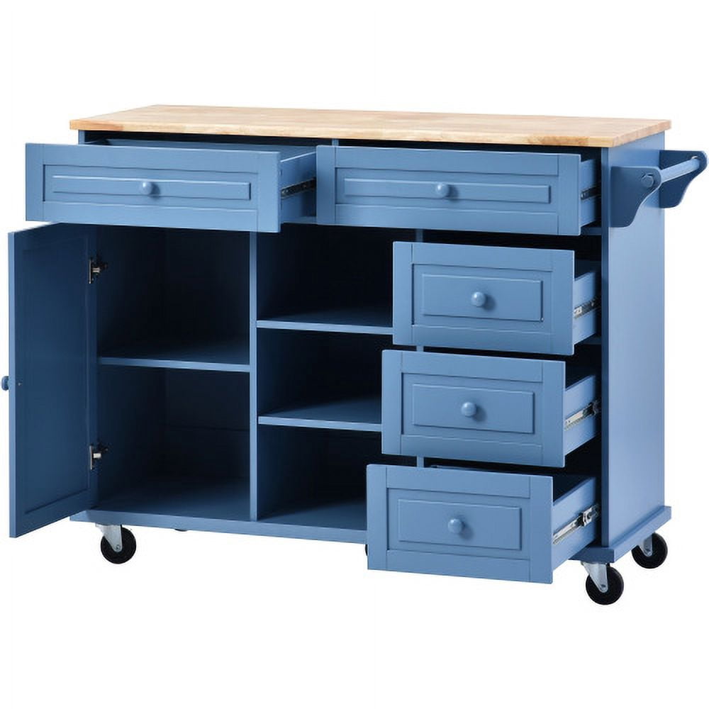 Qumbnk Kitchen Island with Drawer and Wheels and Open Shelf, Wood Top ...