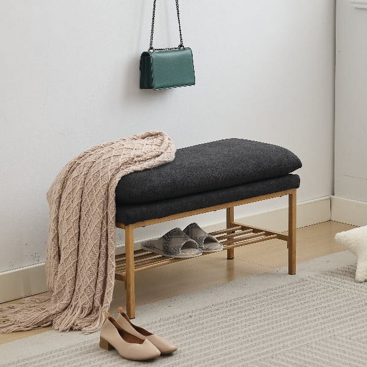 Qumbnk Linen Upholstered Shoe Storage Bench with Open Shelf and Metal ...