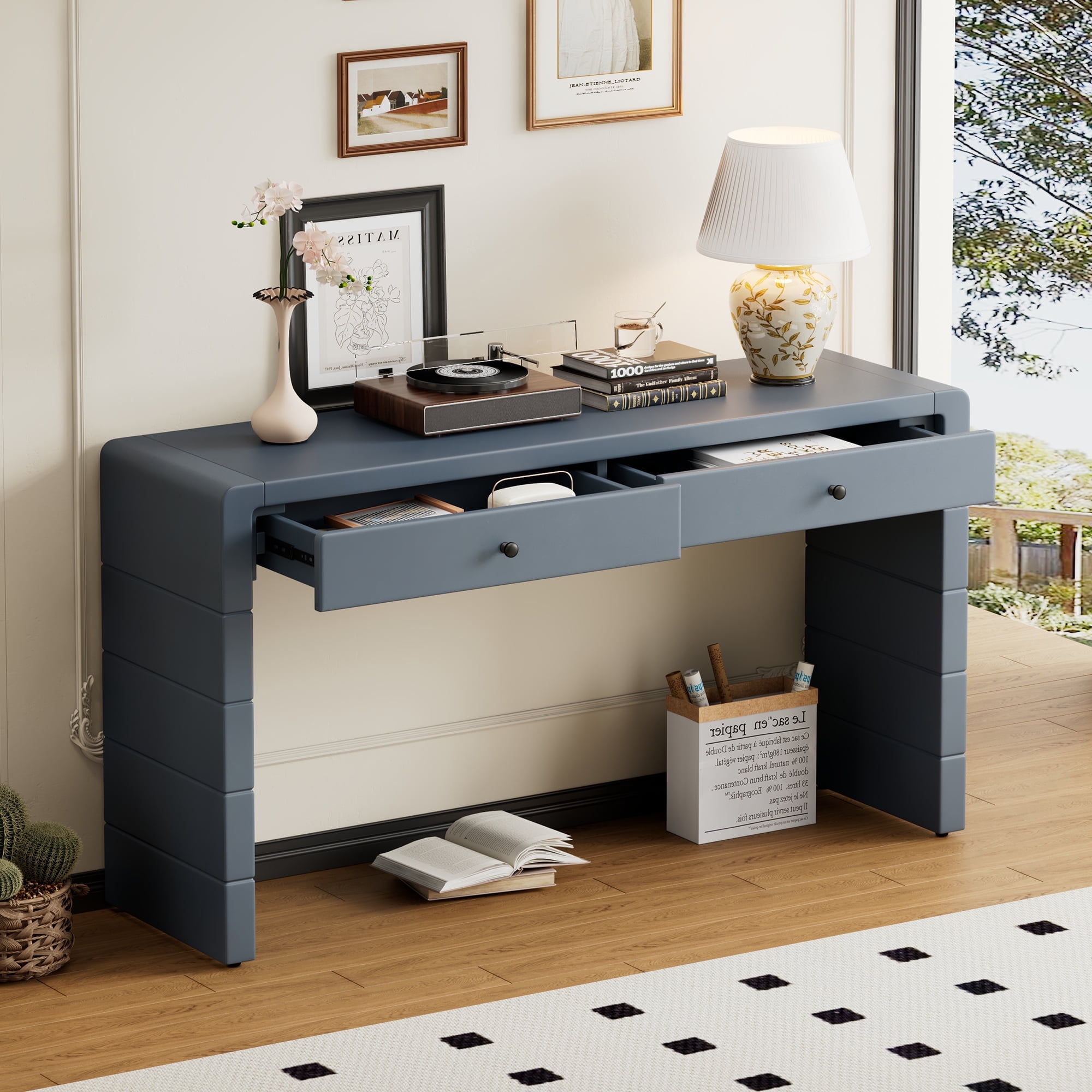 Qumbnk Modern Wood Entryway Table with 2 Drawers, Rectangle Console ...