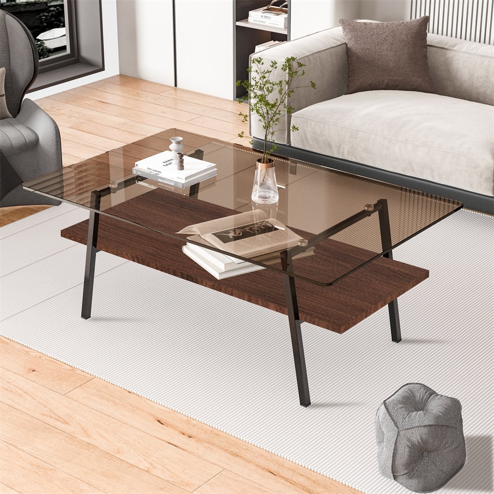 Qumbnk Rectangle Tempered Glass Tabletop Coffee Table with Black Metal ...
