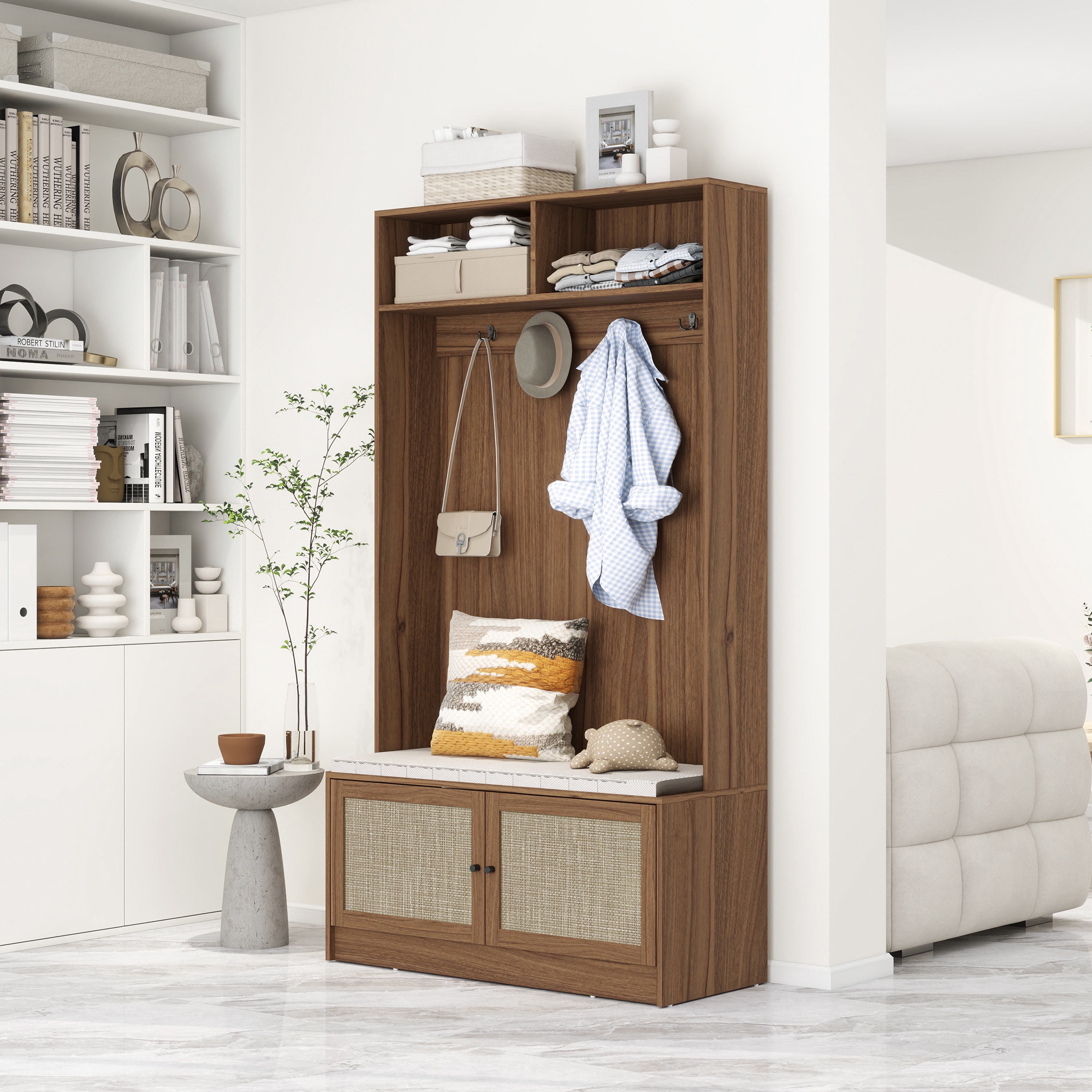 Qumbnk Retro Closet Cabinet with Storage Bench and Coat Hook, Wood Hall ...