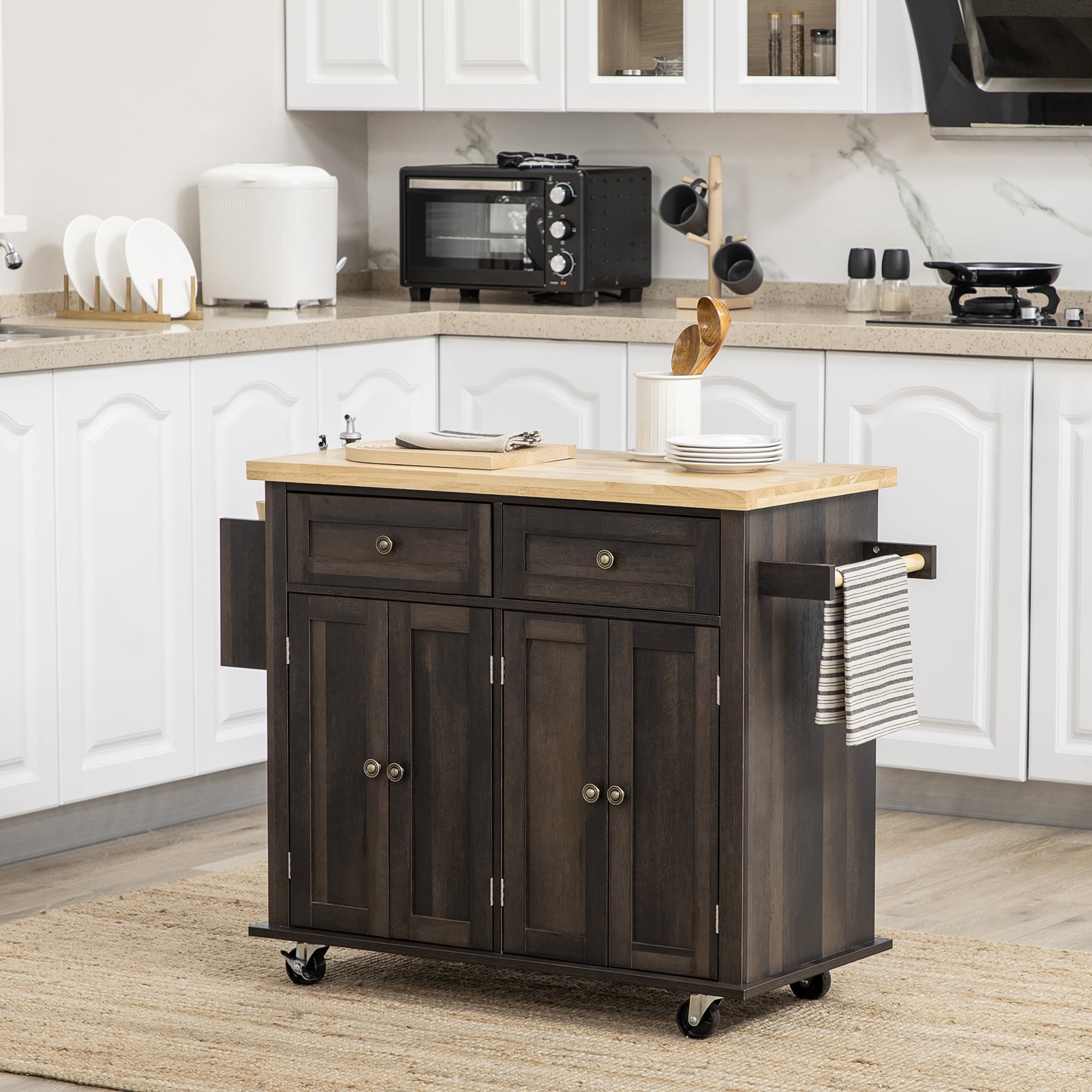 Qumbnk Rolling Kitchen Island with Wheels and Towl Rack, Wood Top ...