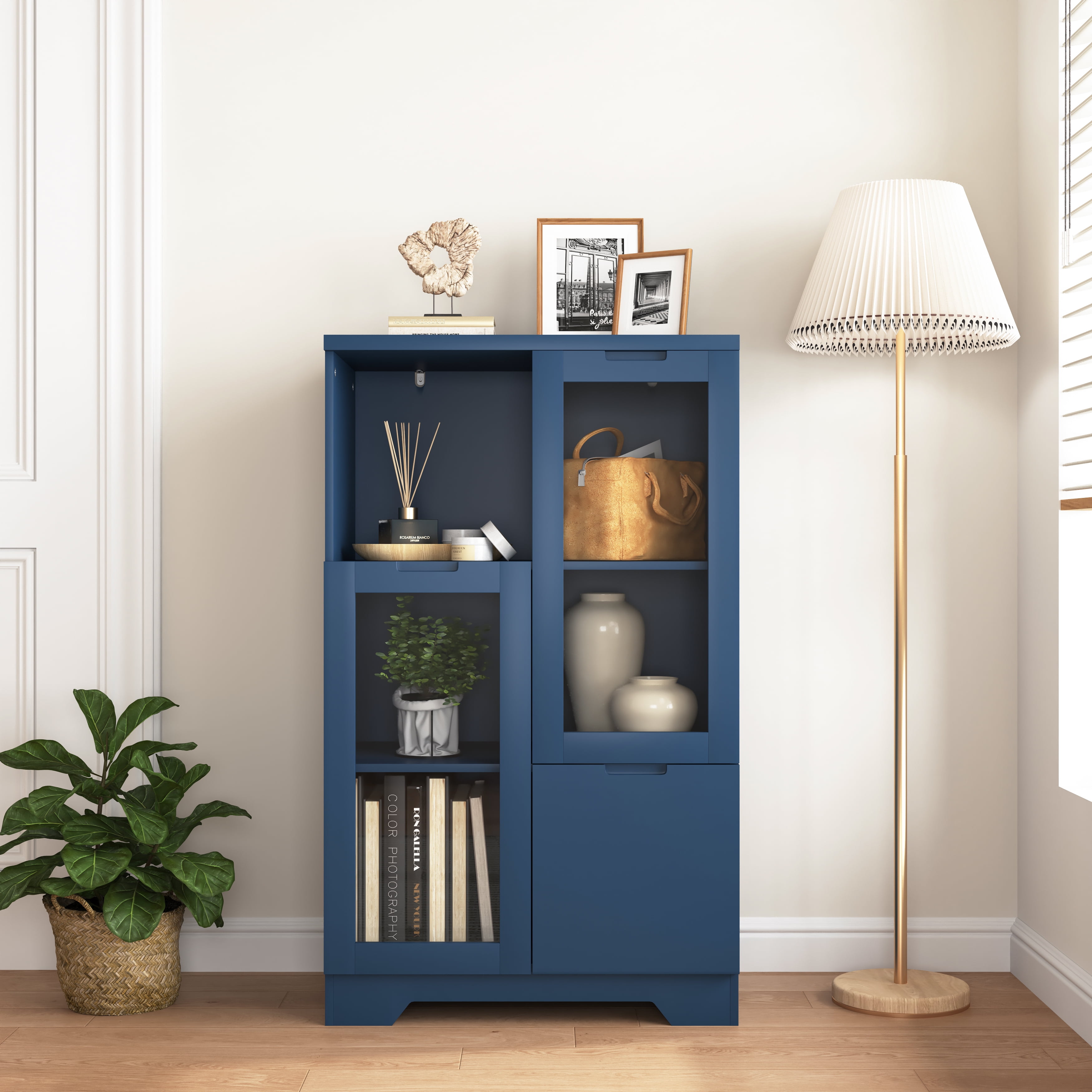 Qumbnk Storage Cabinet with Open Shelf and Inner Shelf, 2 Glass Doors ...