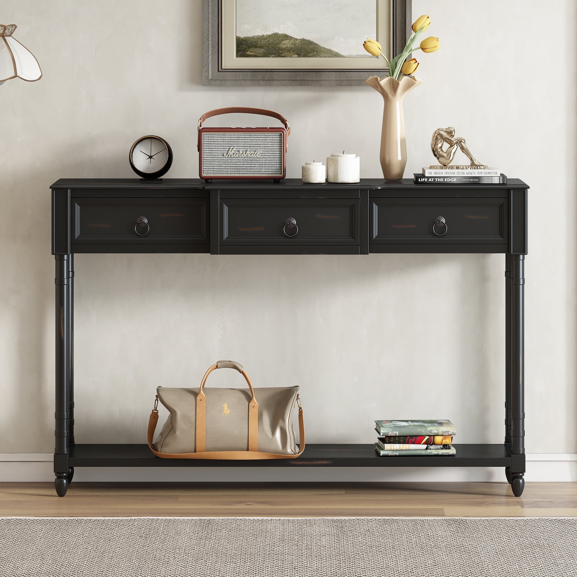 Qumbnk Wood Console Table with Drawers and Open Shelf, Rectangle Sofa ...