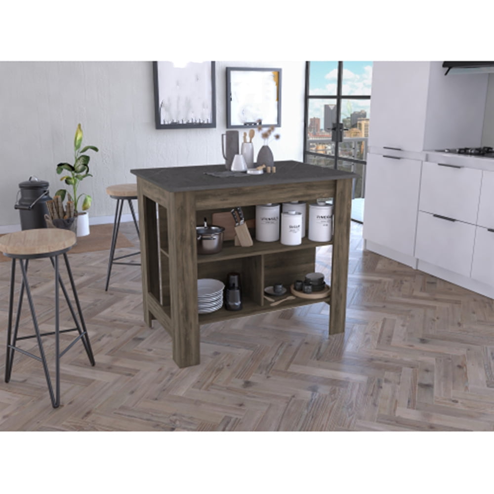 Qumbnk Wood Island Table with 3 Shelves, Kitchen Island for Living Room ...