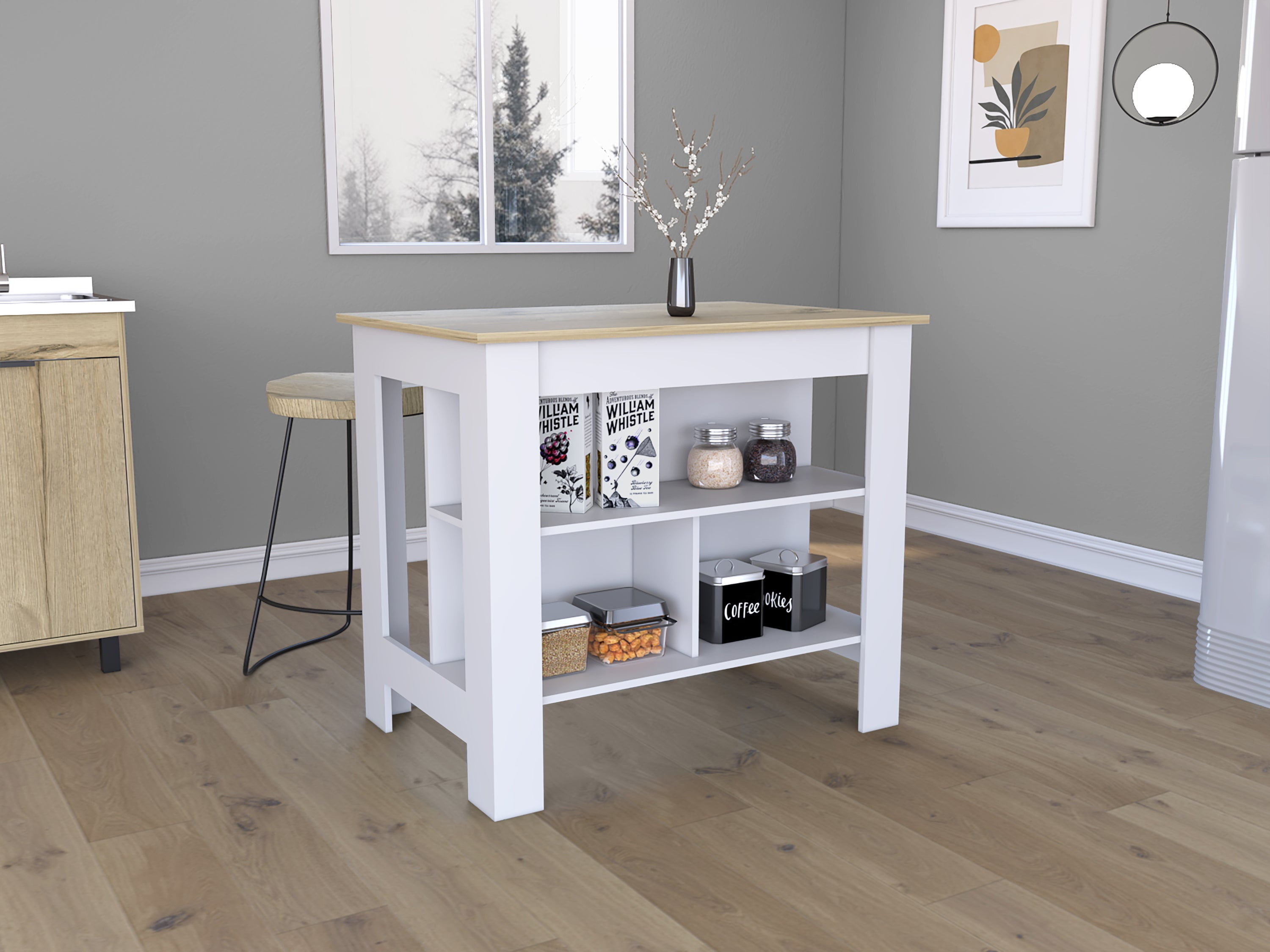 Qumbnk Wood Kitchen Island with 3 Open Storage Shelves, Table for Living Room, Kitchen, White ...