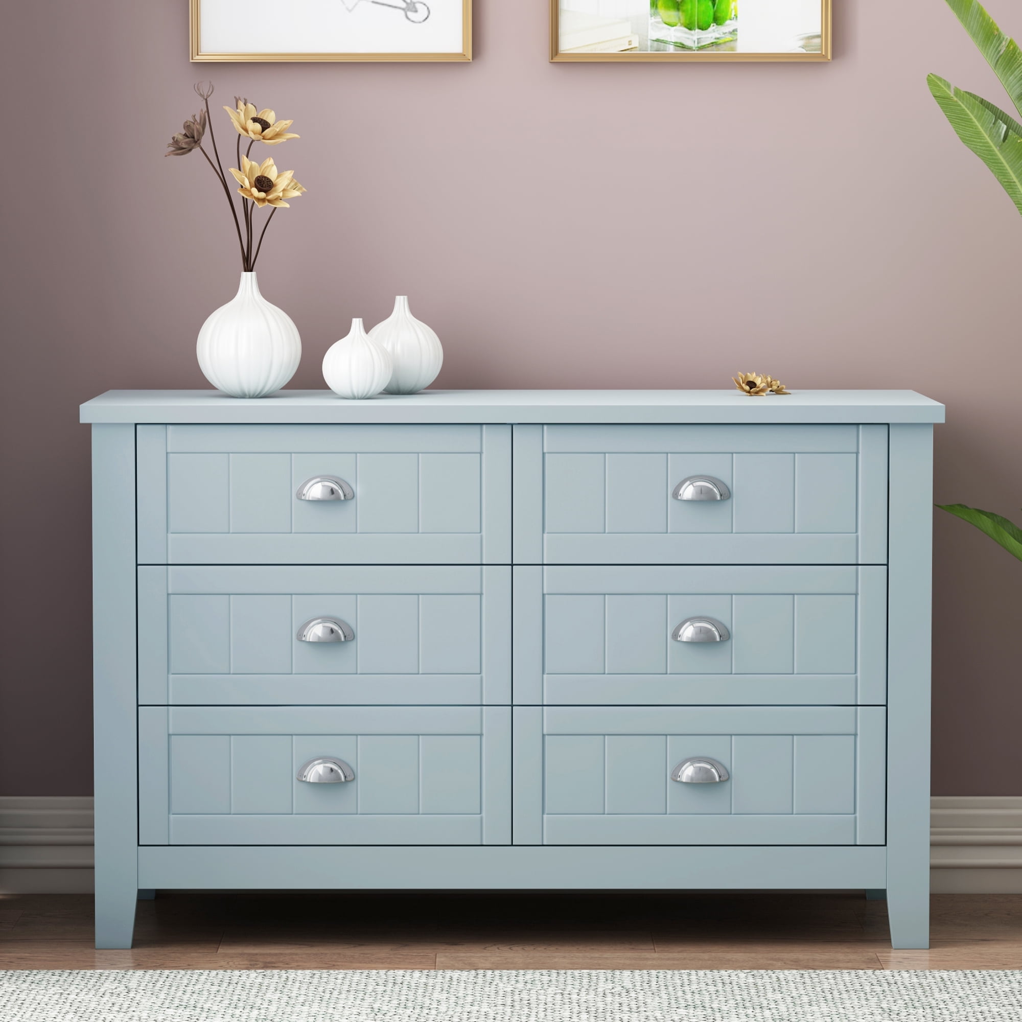 Qumbnk Wood Storage Cabinet Buffet Sideboard with Handle, 6 Drawer ...